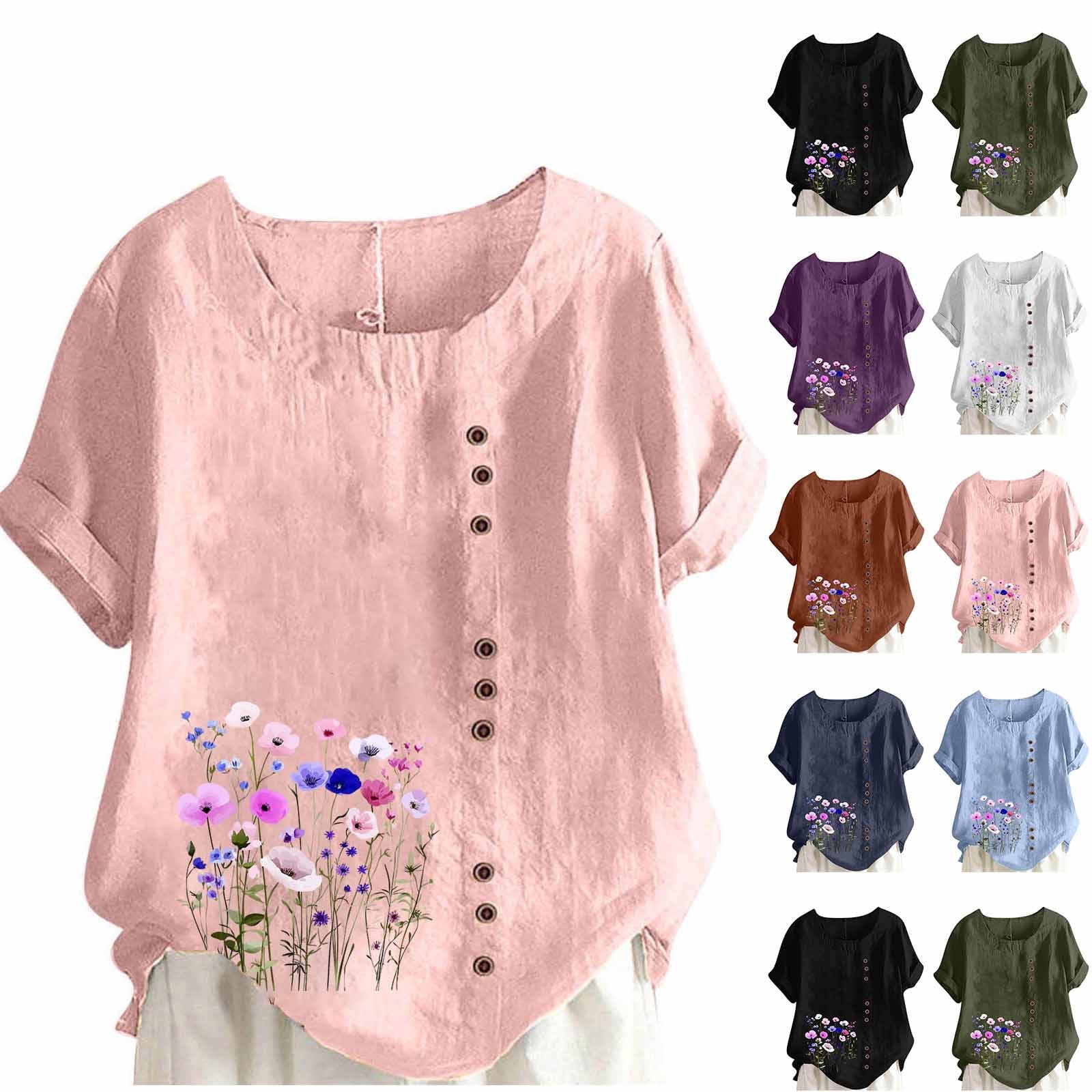 Xdegoge Women's Linen Style Tops Short Sleeve Round Neck Blouse Vintage ...