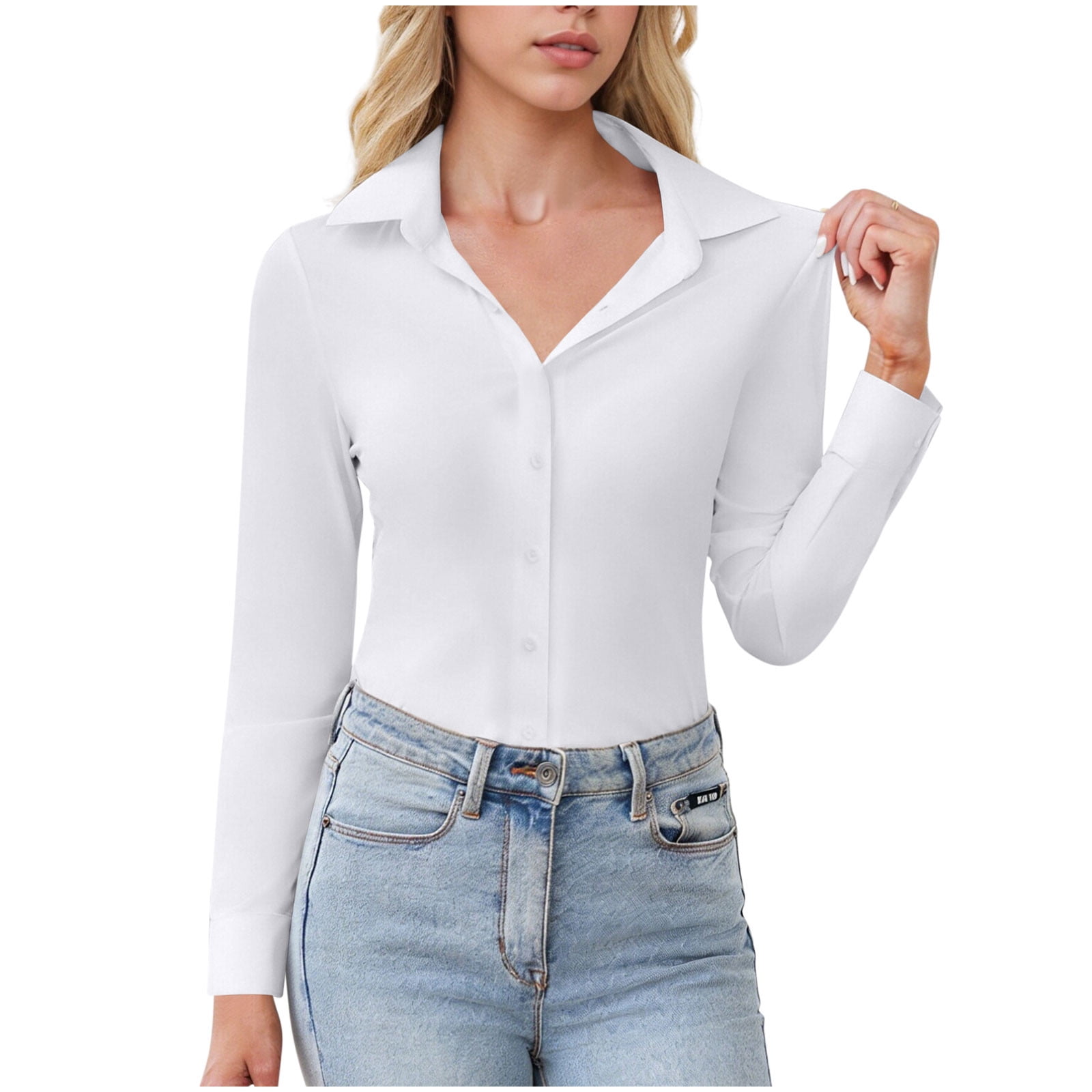 Xdegoge Women's Long Sleeve Fitted Blouse with Pointed Collar, Stretchy ...
