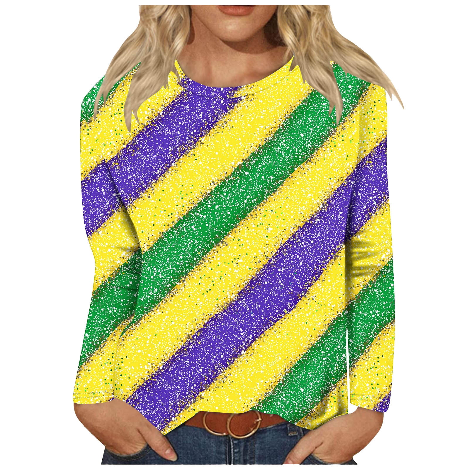 Xdegoge Women's Long Sleeve Graphic Print T-Shirt with Mardi Gras Mask ...