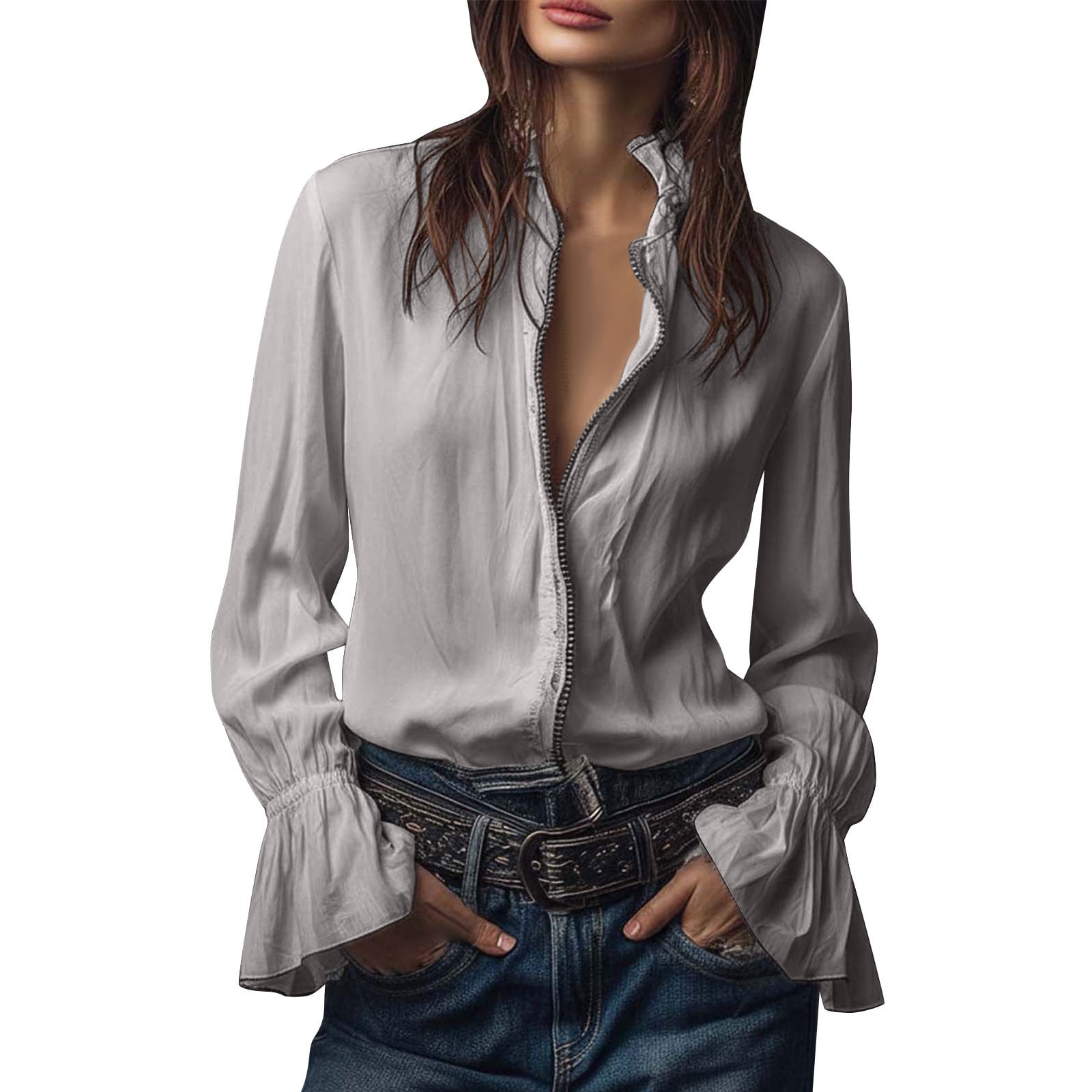 Xdegoge Women's Long Sleeve Zipper Front Blouse with Ruffled Cuffs ...