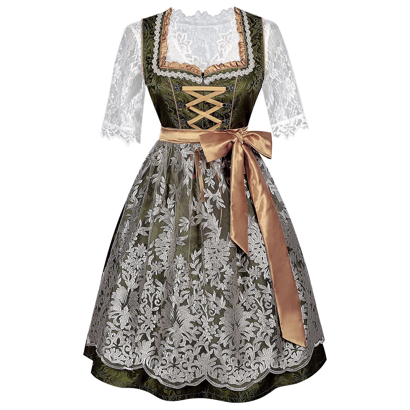 Xdegoge Women's Oktoberfest Dirndl Dress 3 Piece Long Green Traditional ...
