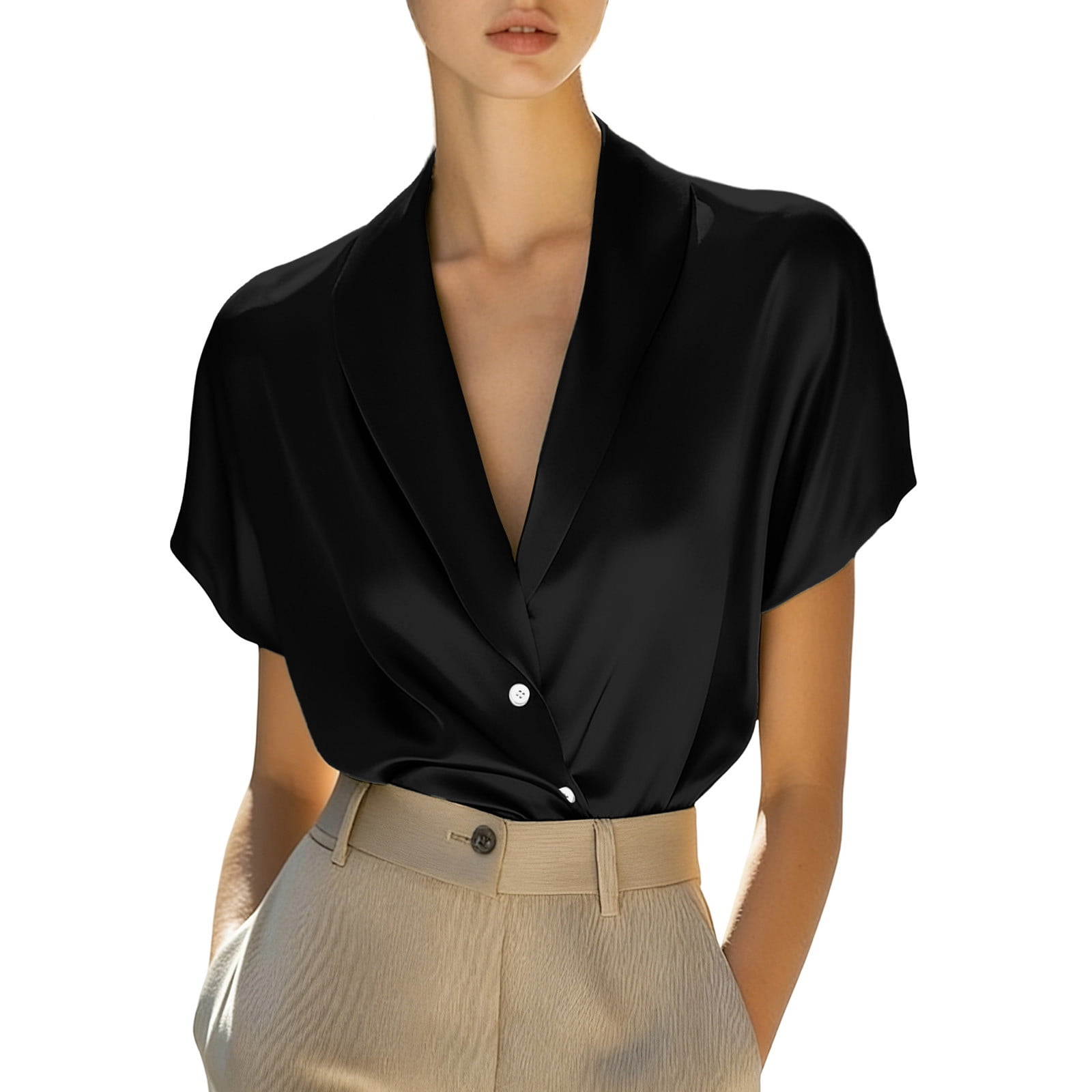 Xdegoge Women's Satin Drape V Neck Blouse with Cape Sleeve Deep Plunge ...