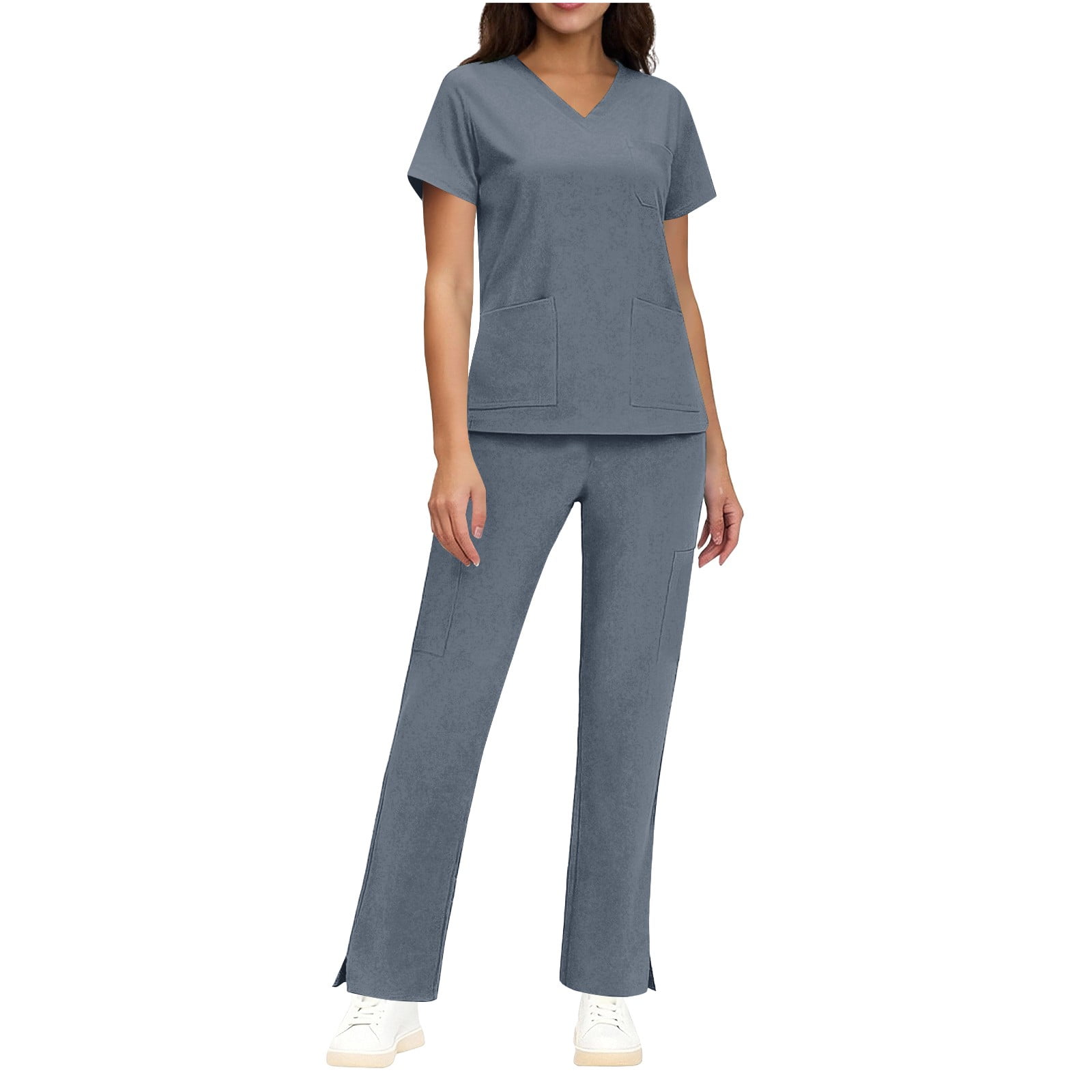 Xdegoge Women's Scrub Sets V Neck Scrub Tops with Wide Leg Split ...