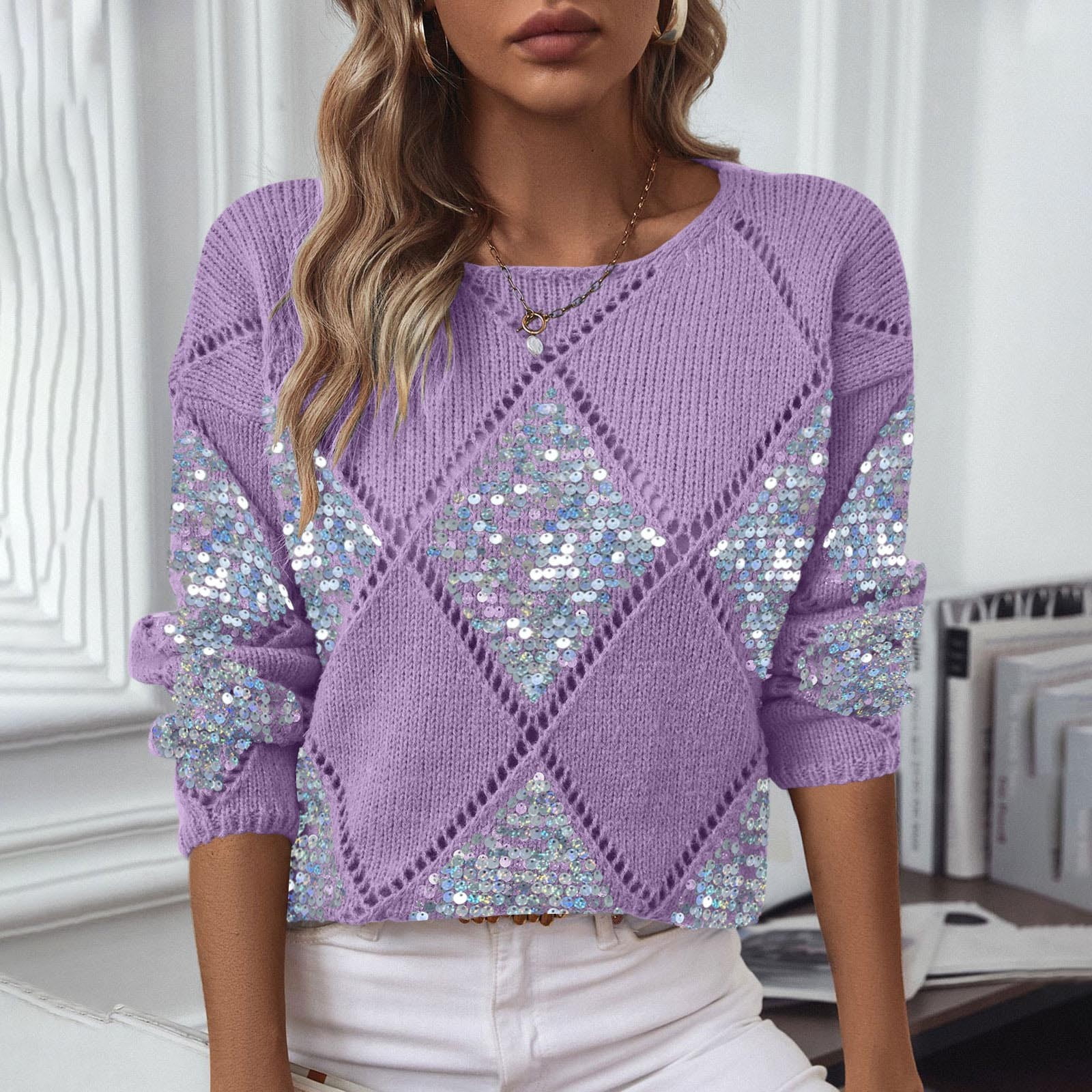 Xdegoge Women's Sequin Knit Sweater Sparkly Diamond Pattern Pullover ...