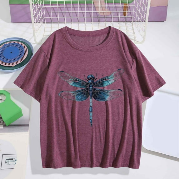 Xdegoge Women's Short Sleeve T-Shirt Dragonfly Graphic Design ...
