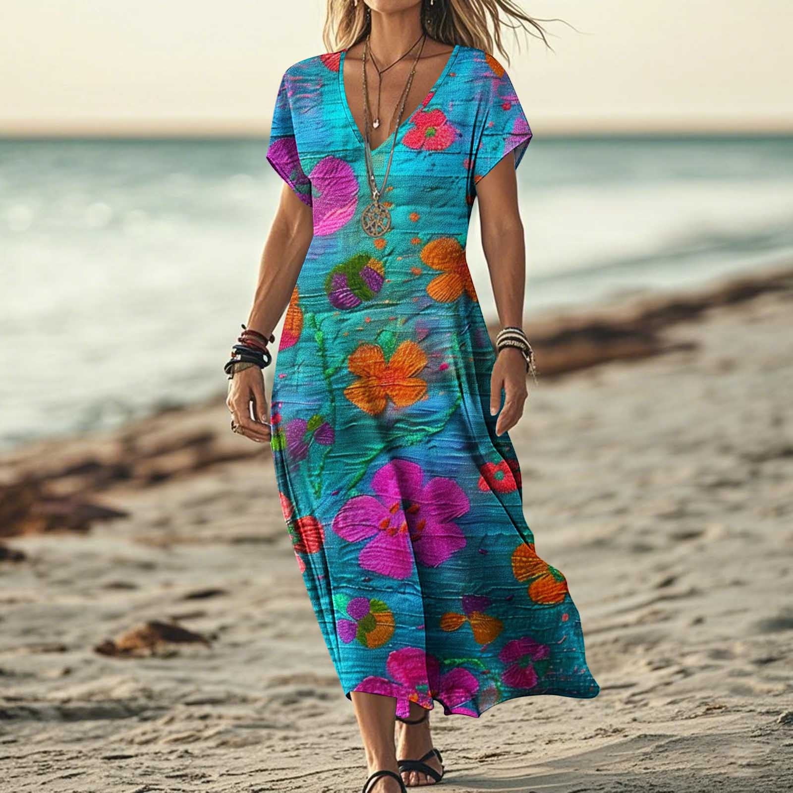 Xdegoge Women's Summer Dresses 2025 Casual Maxi Dress Short Sleeve V ...