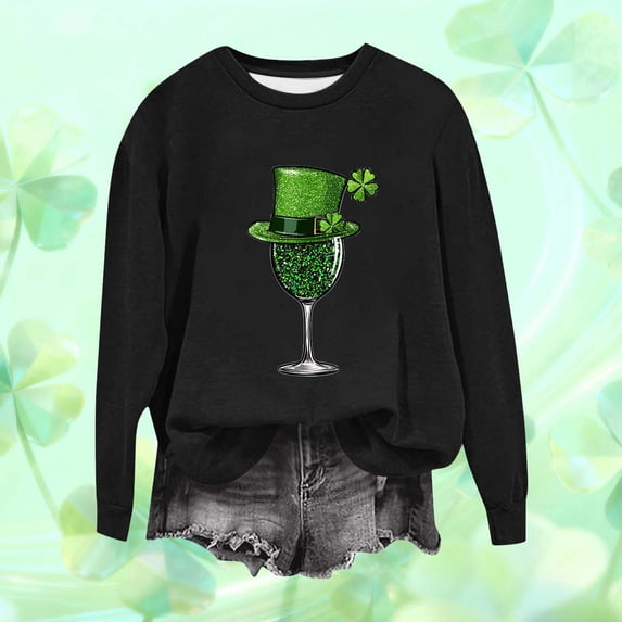 Xdegoge Women's Sweatshirt Leprechaun Hat Wine Glass Graphic Pullover ...
