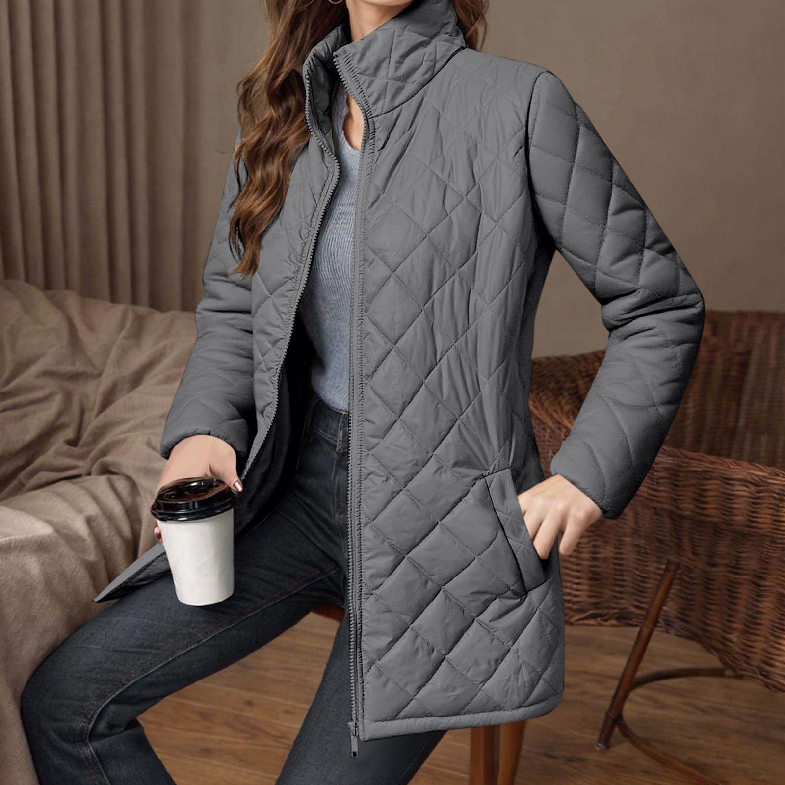 Xdegoge Women's Winter Jacket Lightweight Full Zip Stand Collar Tunic ...