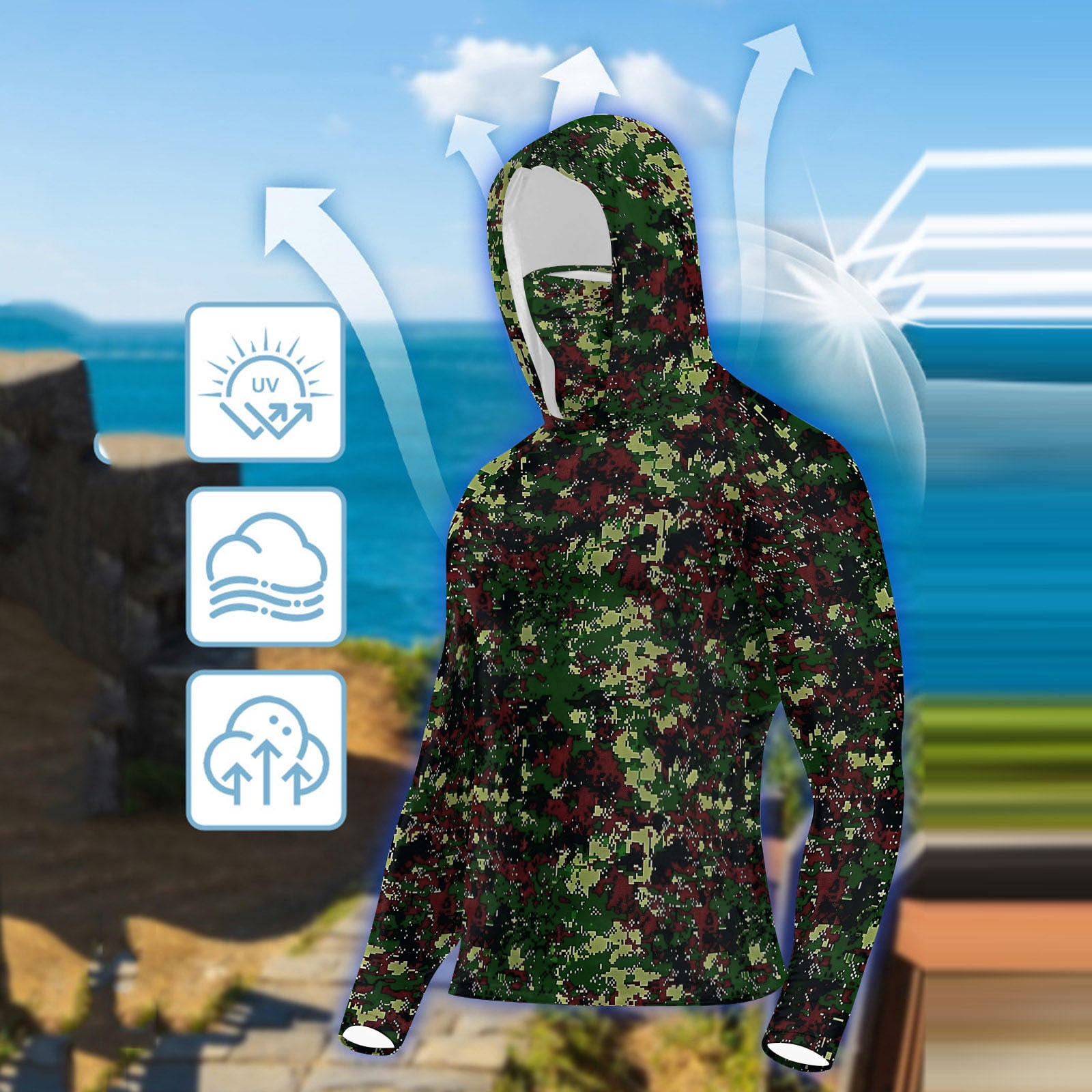 Xdegoge Women's Woodland Bark Print Sun Hoodie with Neck Warmer Long ...