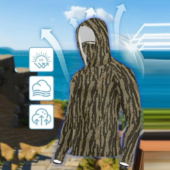 Xdegoge Women's Woodland Bark Print Sun Hoodie with Neck Warmer Long ...