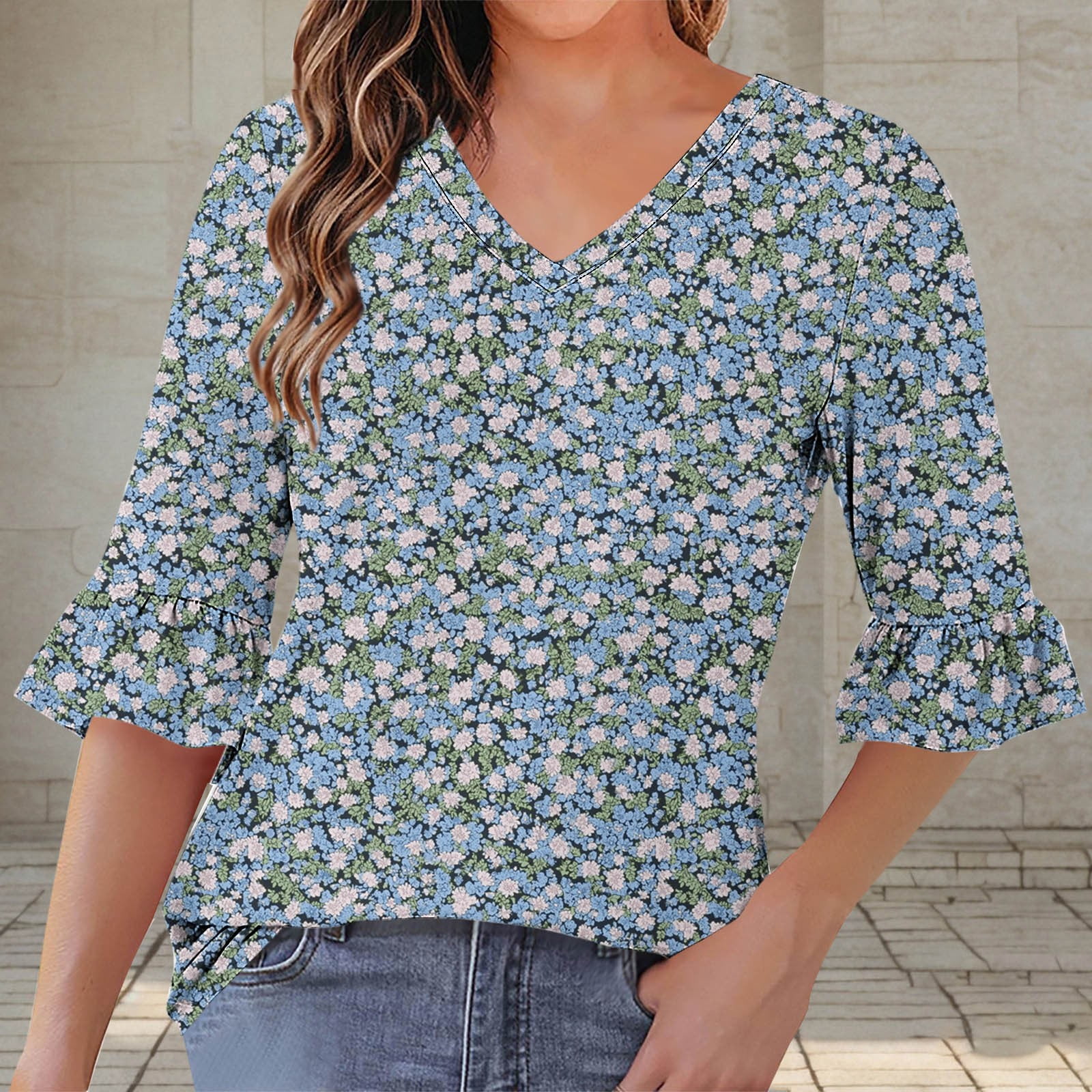 Xdegoge Womens Blouses V Neck Half Sleeve Floral Tops Summer Fashion ...