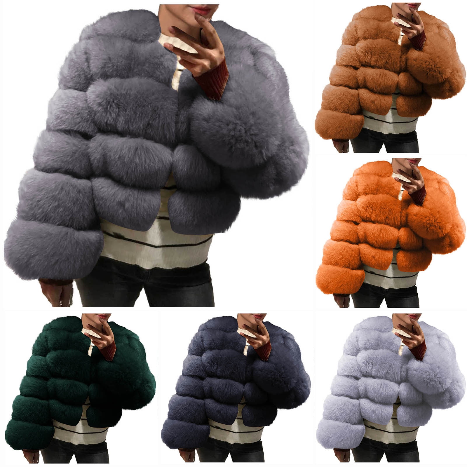 Xdegoge Womens Faux Fur Coat Cropped Open Front Long Sleeve Fluffy ...