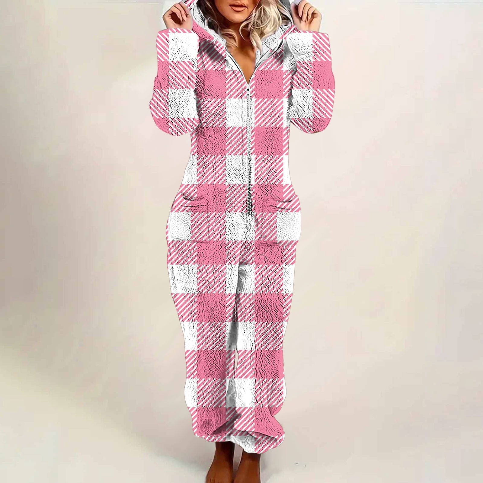 Xdegoge Womens Fleece Pajamas Plaid Flannel Zip Up Long Sleeve Fleece ...