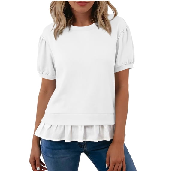 Xdegoge Womens Layered Ruffle Hem Shirts Puff Short Sleeve Blouses Fake ...
