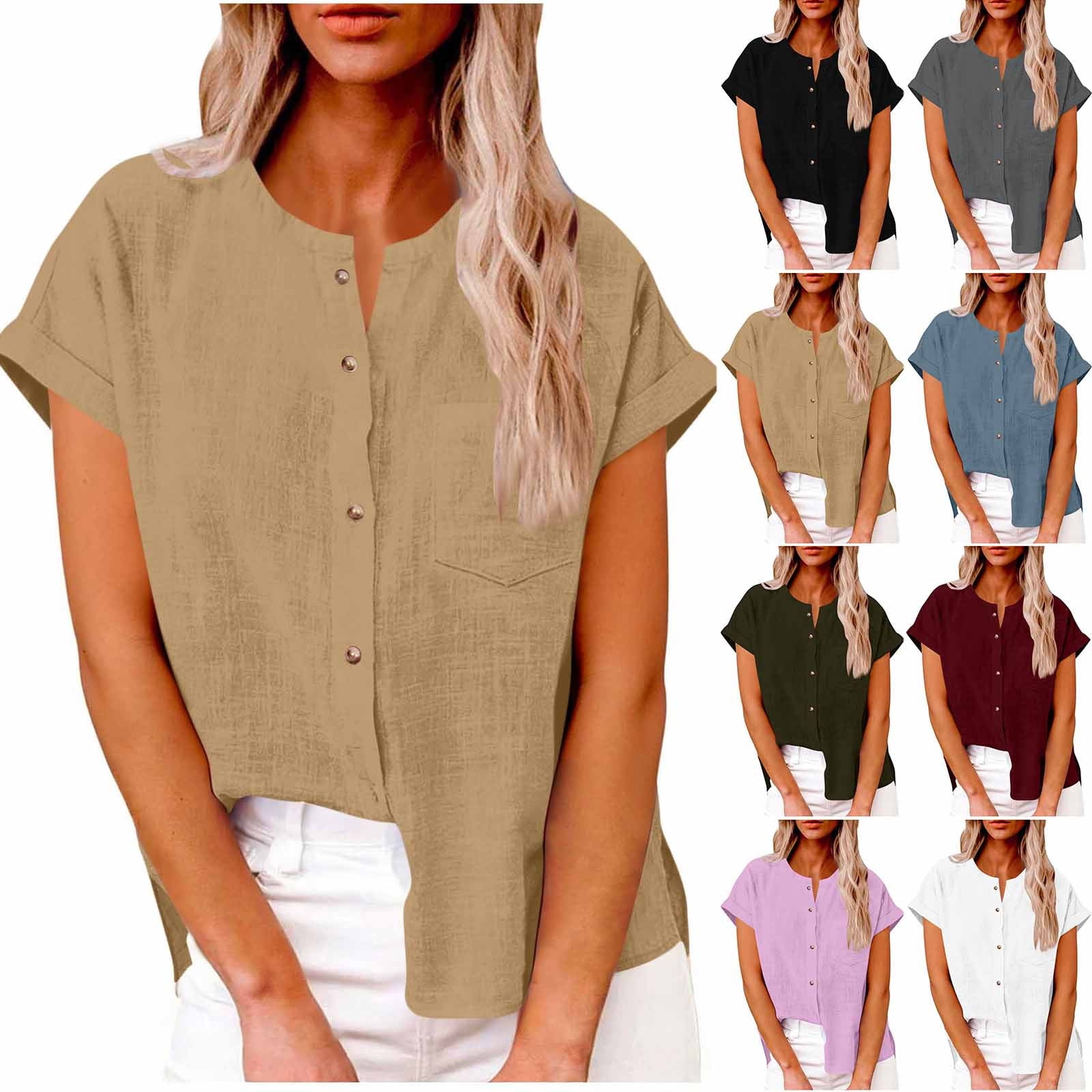 Xdegoge Womens Linen Shirts Round Neck Short Sleeve Button-Front Blouse ...