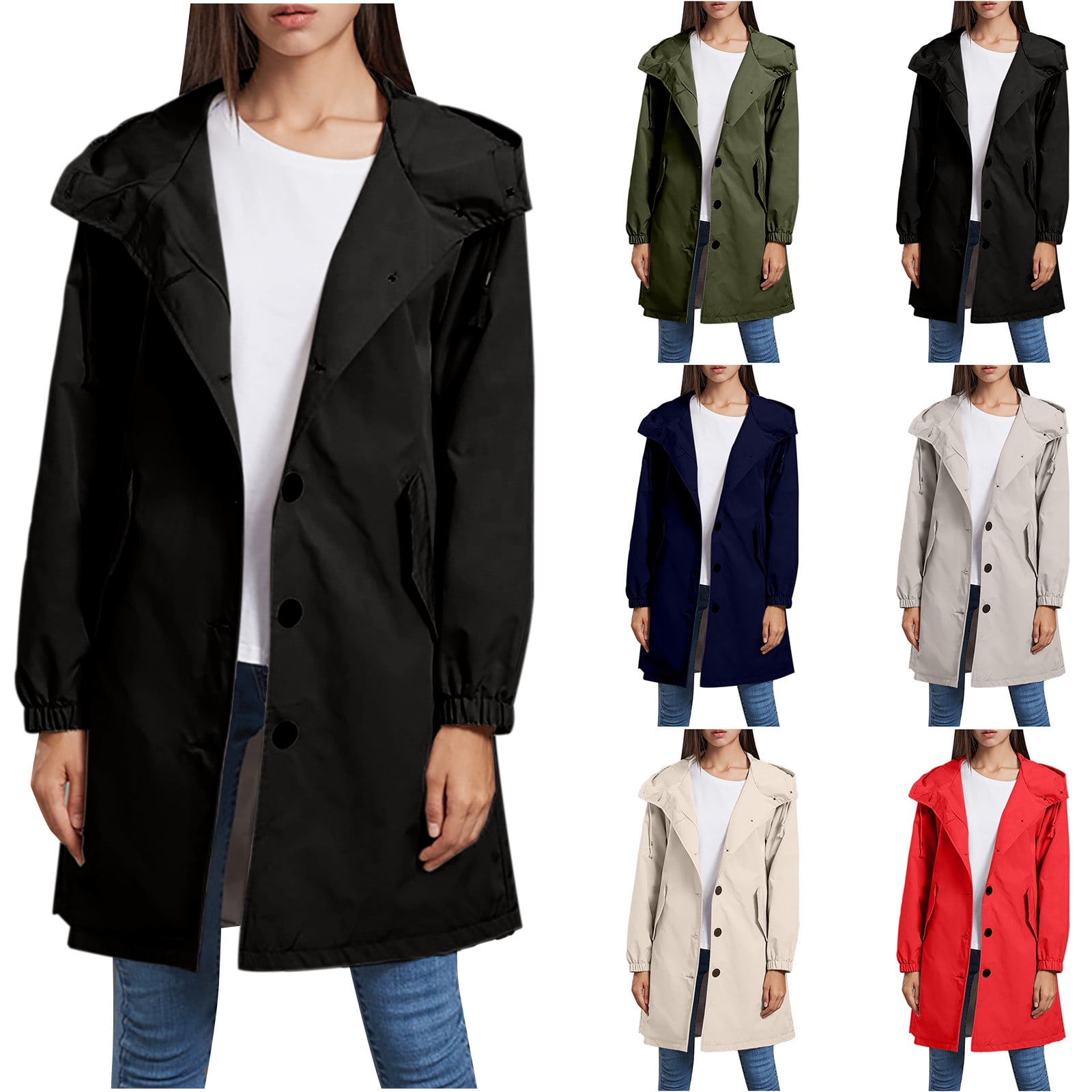 Xdegoge Womens Long Trench Coats Windproof Button Down Stand Collar Drawstring Hooded Raincoat ...