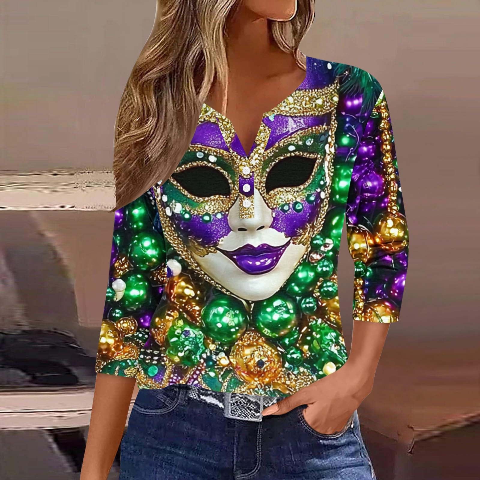 Xdegoge Womens Mardi Gras Top Plus Size Crewnceck 3/4 Sleeve Tops ...