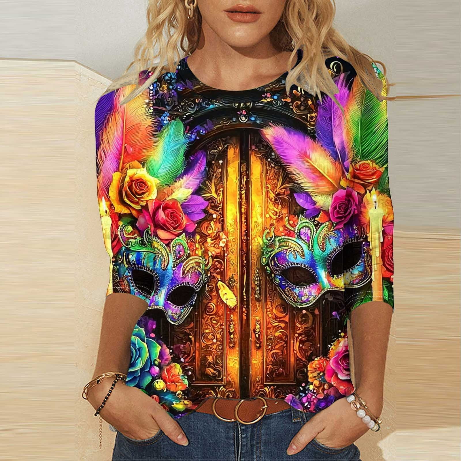Xdegoge Womens Mardi Gras Top Plus Size Crewnceck 3/4 Sleeve Tops ...