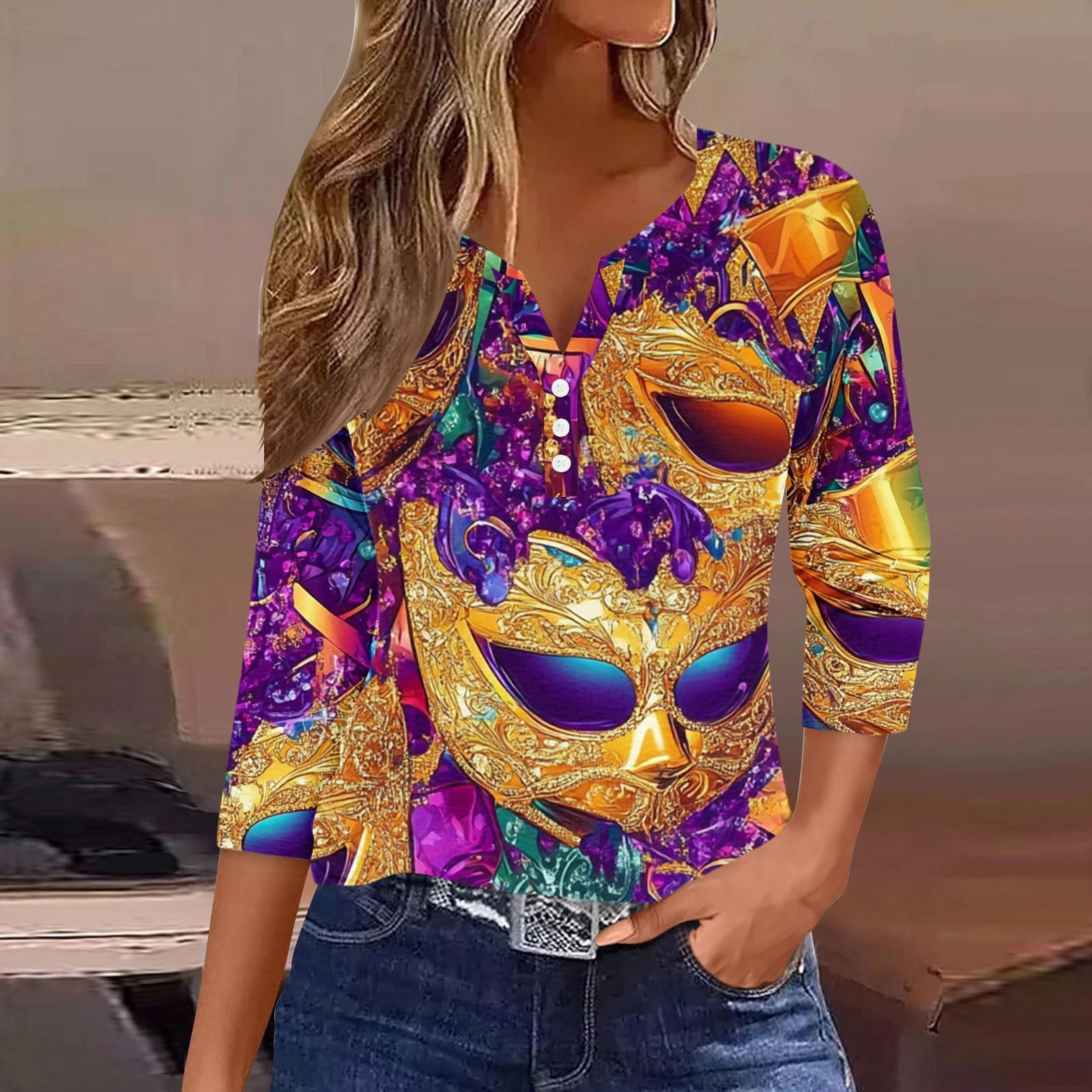 Xdegoge Womens Mardi Gras Top Plus Size Crewnceck 3/4 Sleeve Tops ...