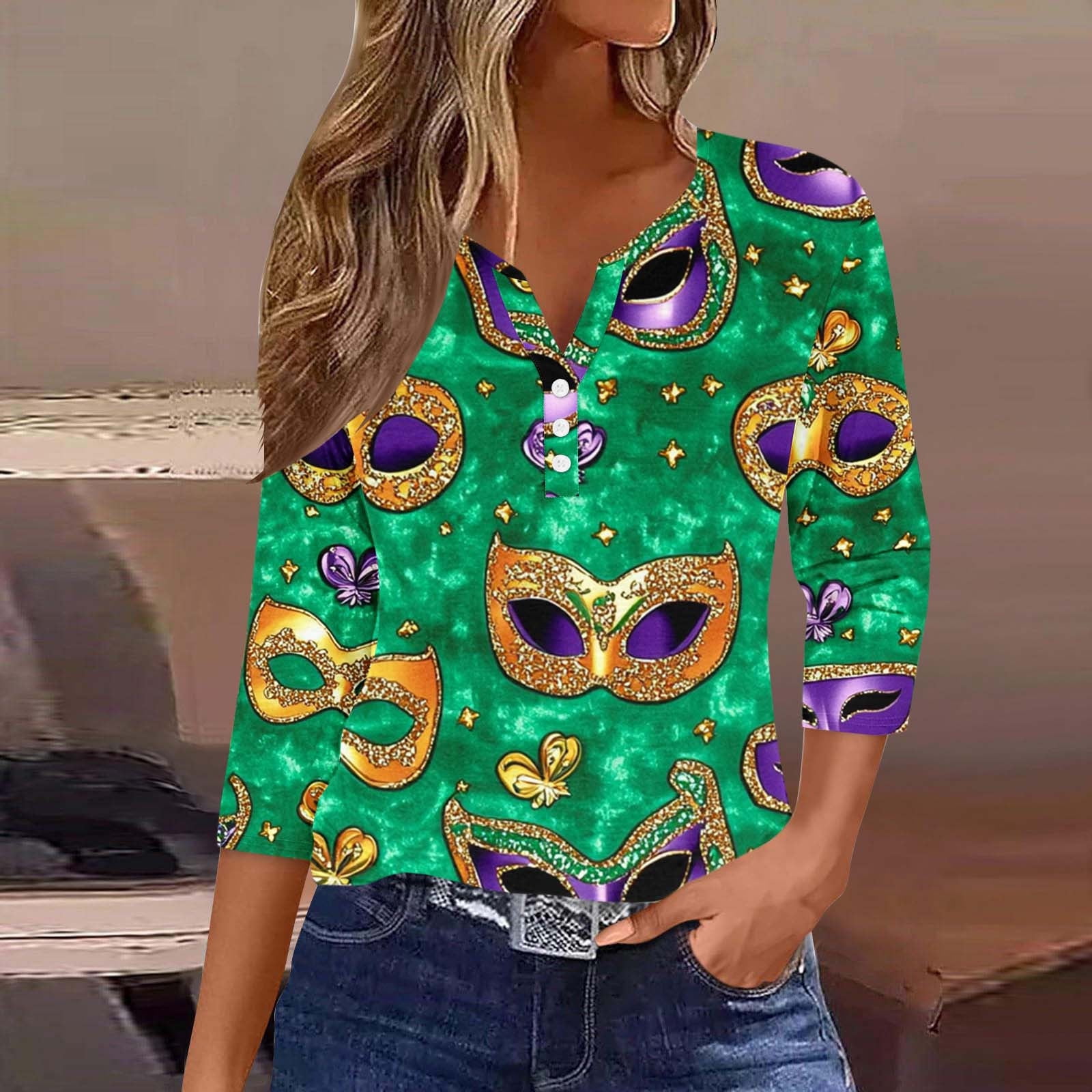 Xdegoge Womens Mardi Gras Top Plus Size Crewnceck 3/4 Sleeve Tops ...