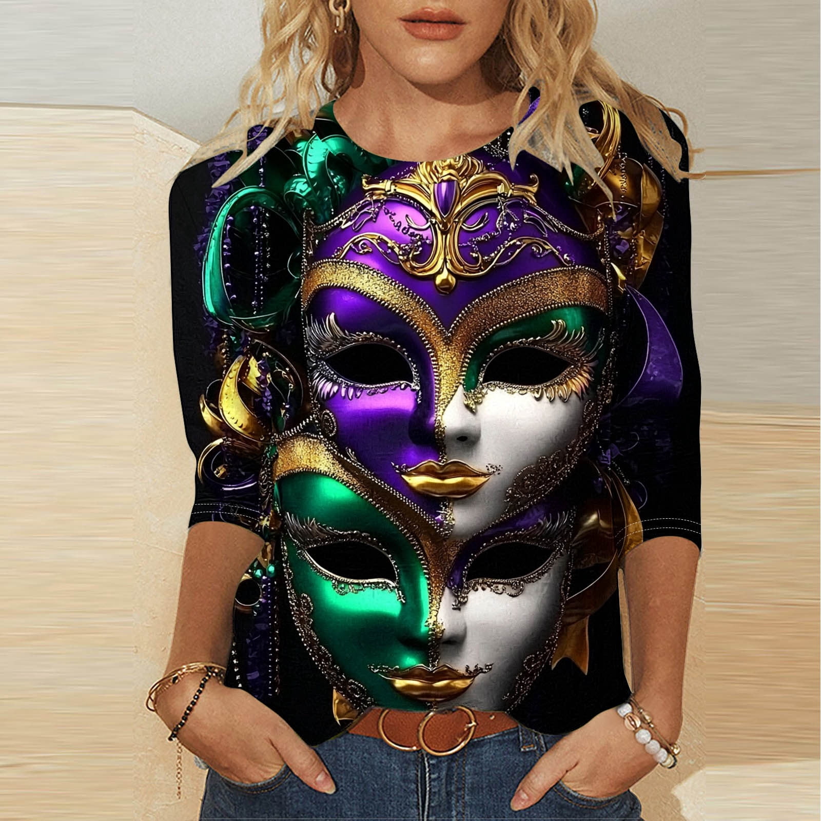 Xdegoge Womens Mardi Gras Top Plus Size Crewnceck 3/4 Sleeve Tops ...