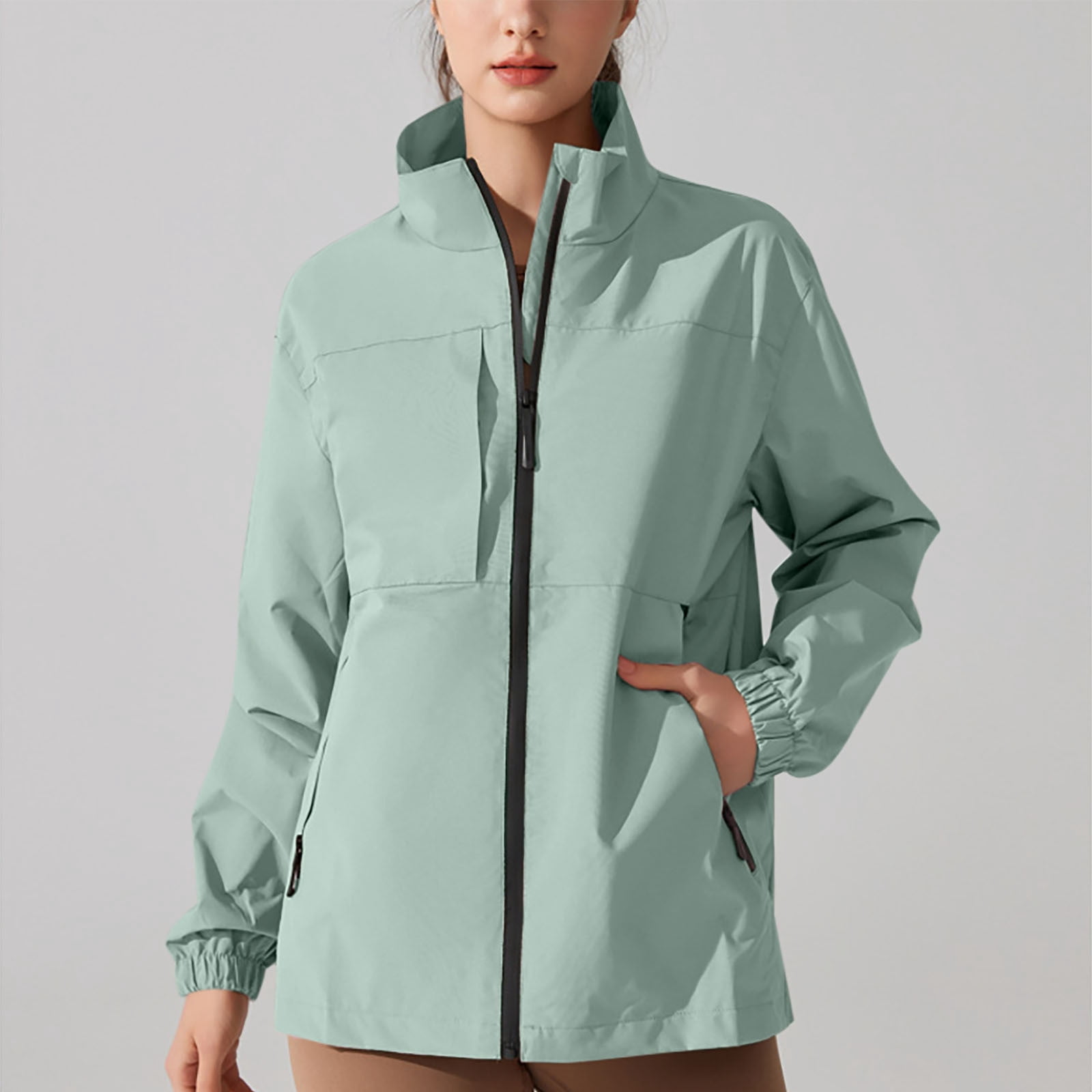Xdegoge Womens Rain Jacket Trendy Stand Neck Waterproof Long Sleeve Zip ...