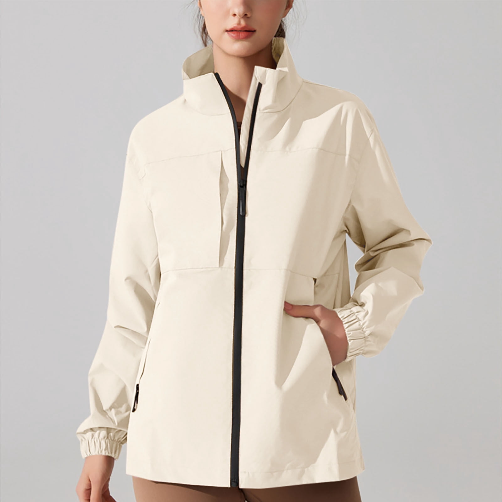 Xdegoge Womens Rain Jacket Trendy Stand Neck Waterproof Long Sleeve Zip ...