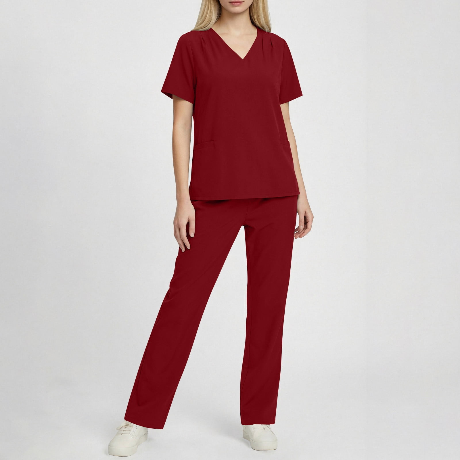 Xdegoge Womens Scrubs Set Pleated V-Neck Short Sleeve Top Elastic Waist ...