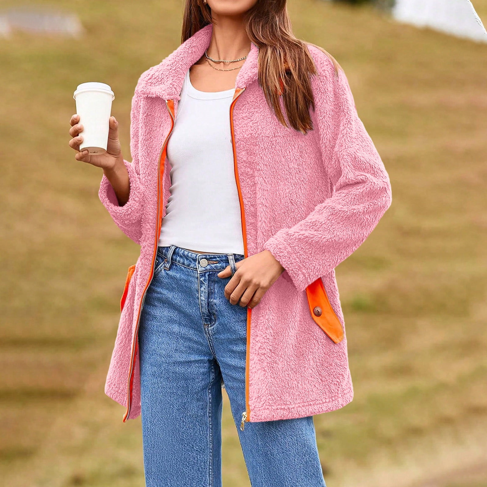Xdegoge Womens Sherpa Fleece Jackets Zip Up Color Block Long Sleeve ...