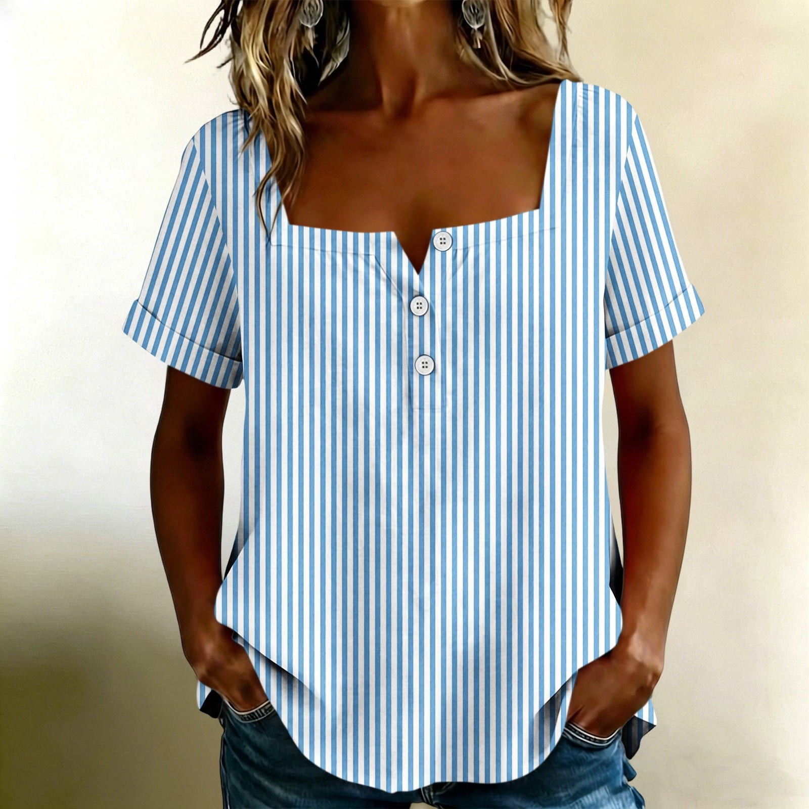 Xdegoge Womens Shirts Classic Vertical Striped Square Neck Tops Casual ...