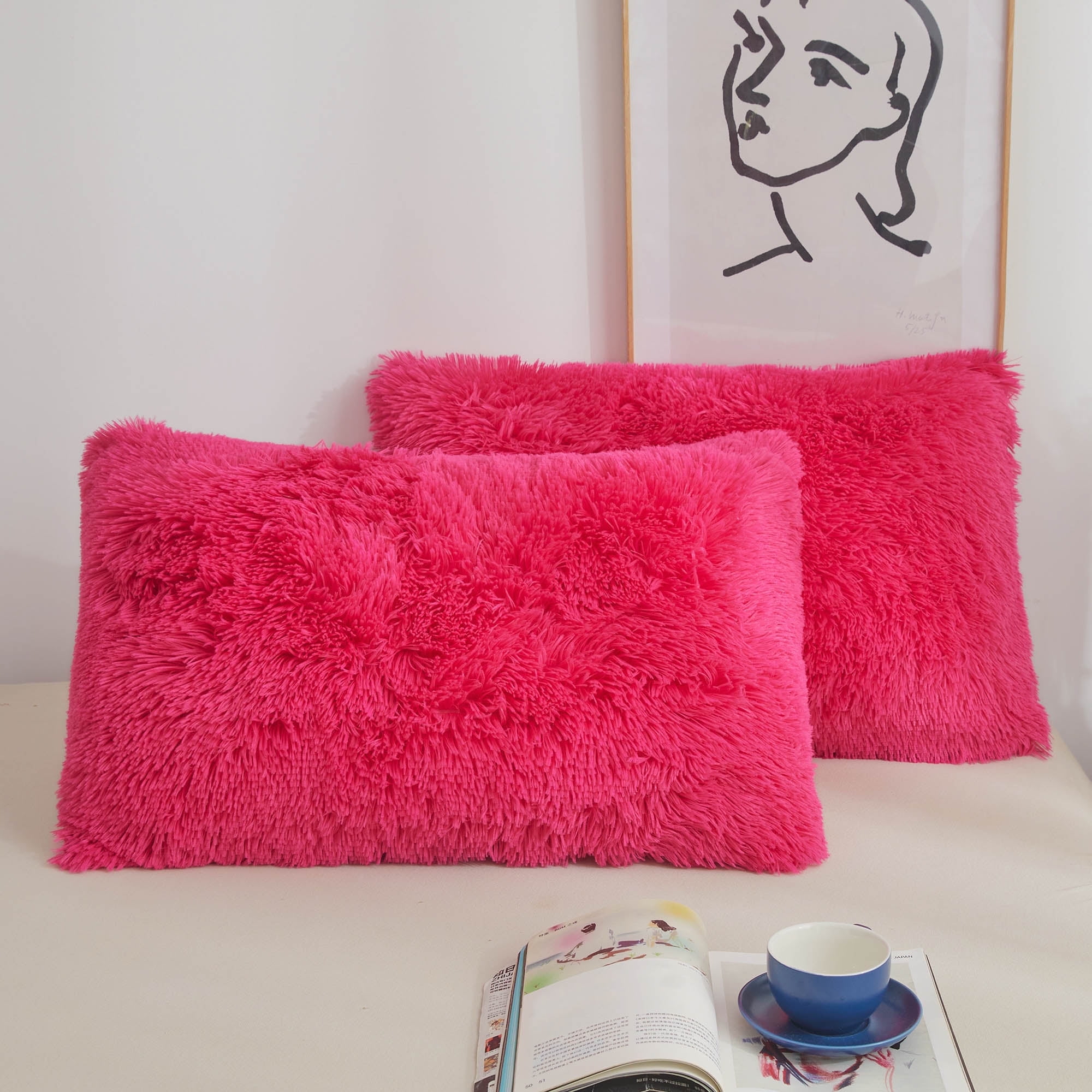 XeGe Soft Fluffy Faux Fur Pillow Cases, Hot Pink, Zipper Closure ...