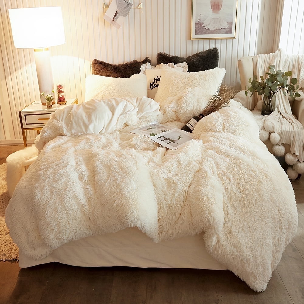 XeGe, 3 Piece Fluffy Faux Fur Duvet Cover Set Queen, Beige, Cream ...