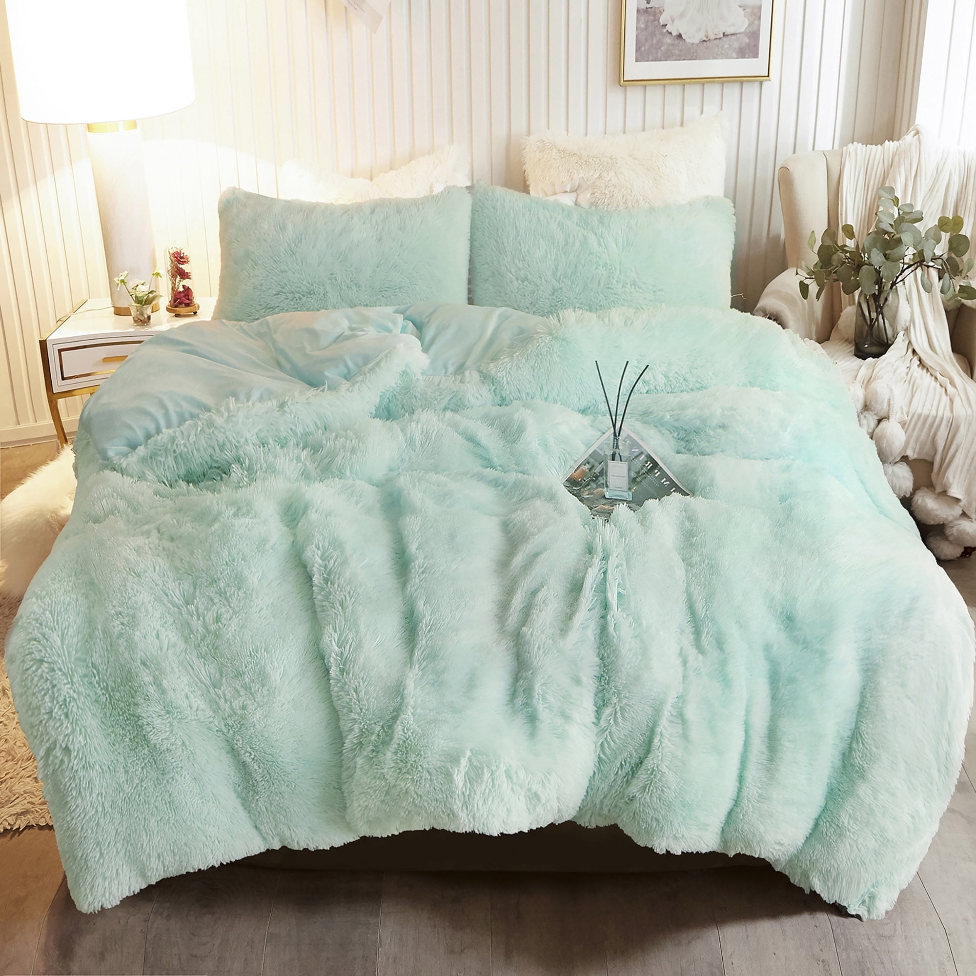 XeGe 3 Piece Fluffy Faux Fur Duvet Cover Set Queen, Luxury Ultra Soft ...