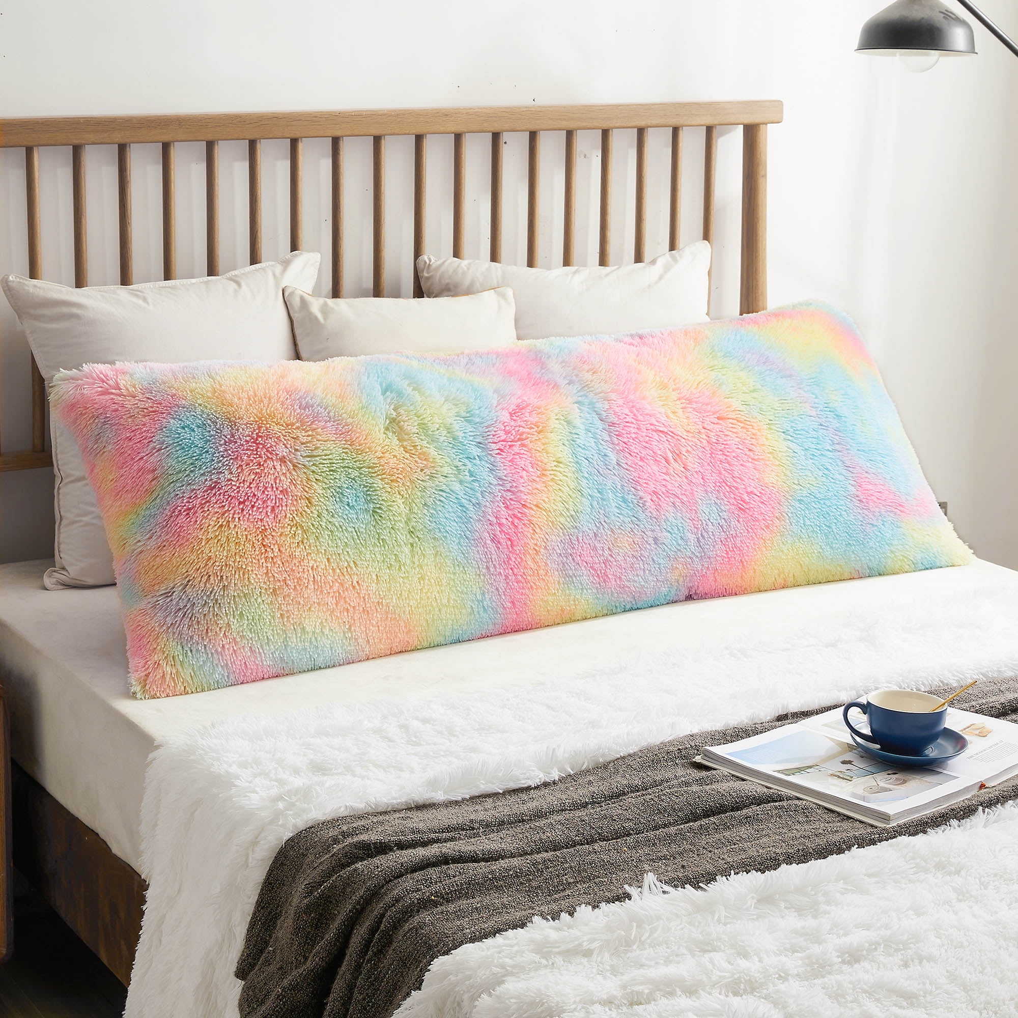 XeGe Fluffy Faux Fur Body Pillow Cover, Shaggy Plush Long 20x54 Bed ...