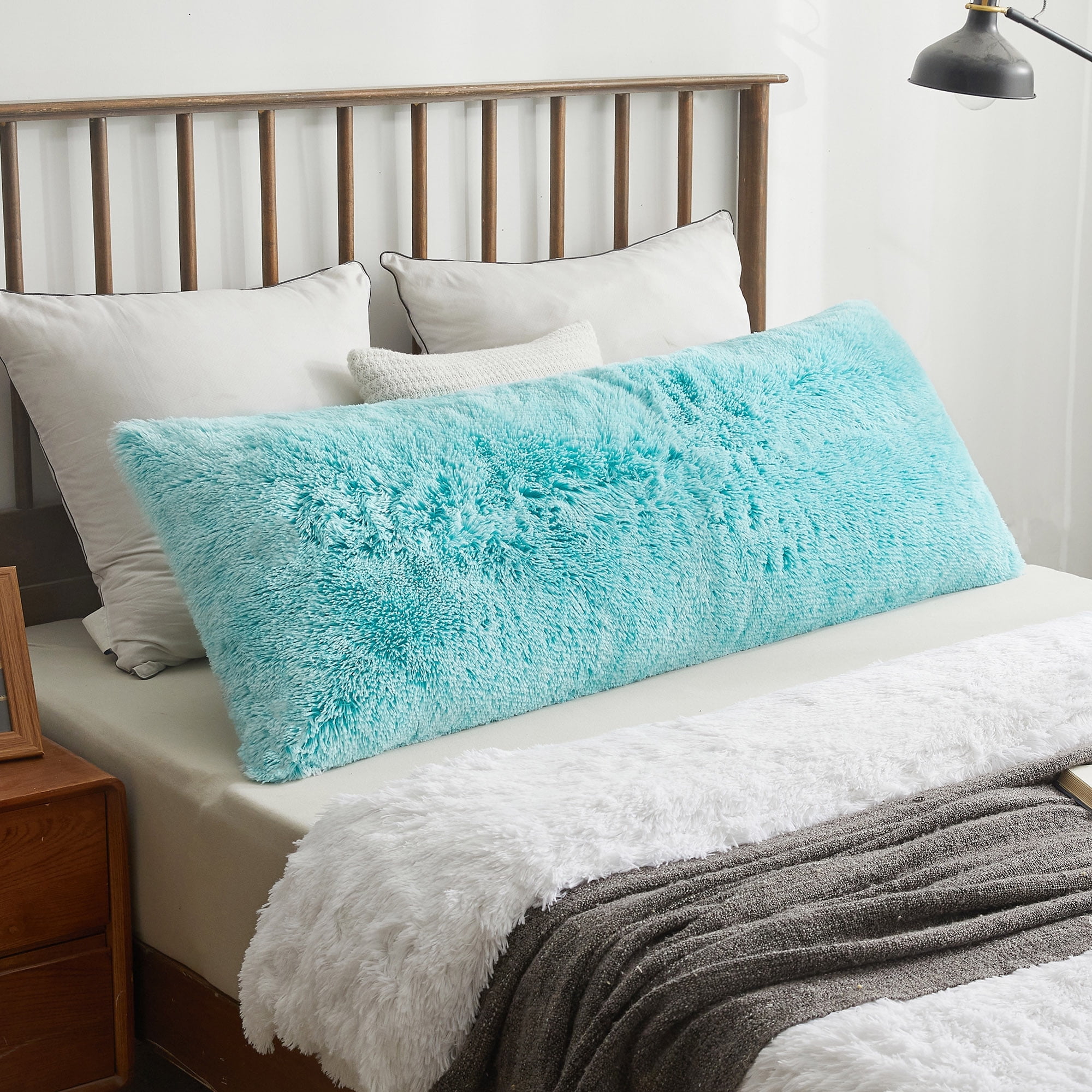 "XeGe Velvet Shaggy Faux Fur Body Pillow Cover, 20"" x 54"", Aqua Ombre ...