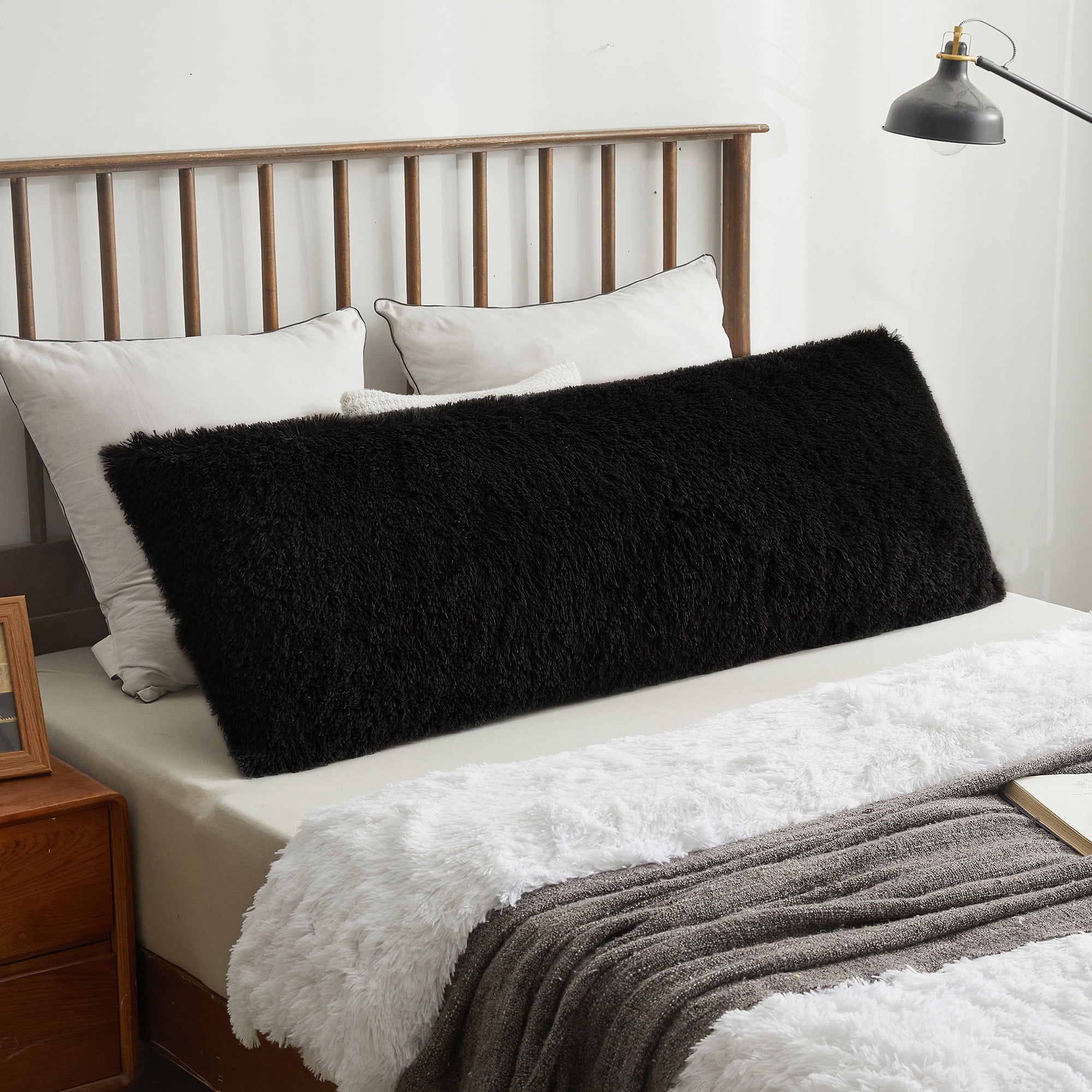 "XeGe Shaggy Faux Fur 20""x54"" Black Body Pillow Cover, Cute Plush ...