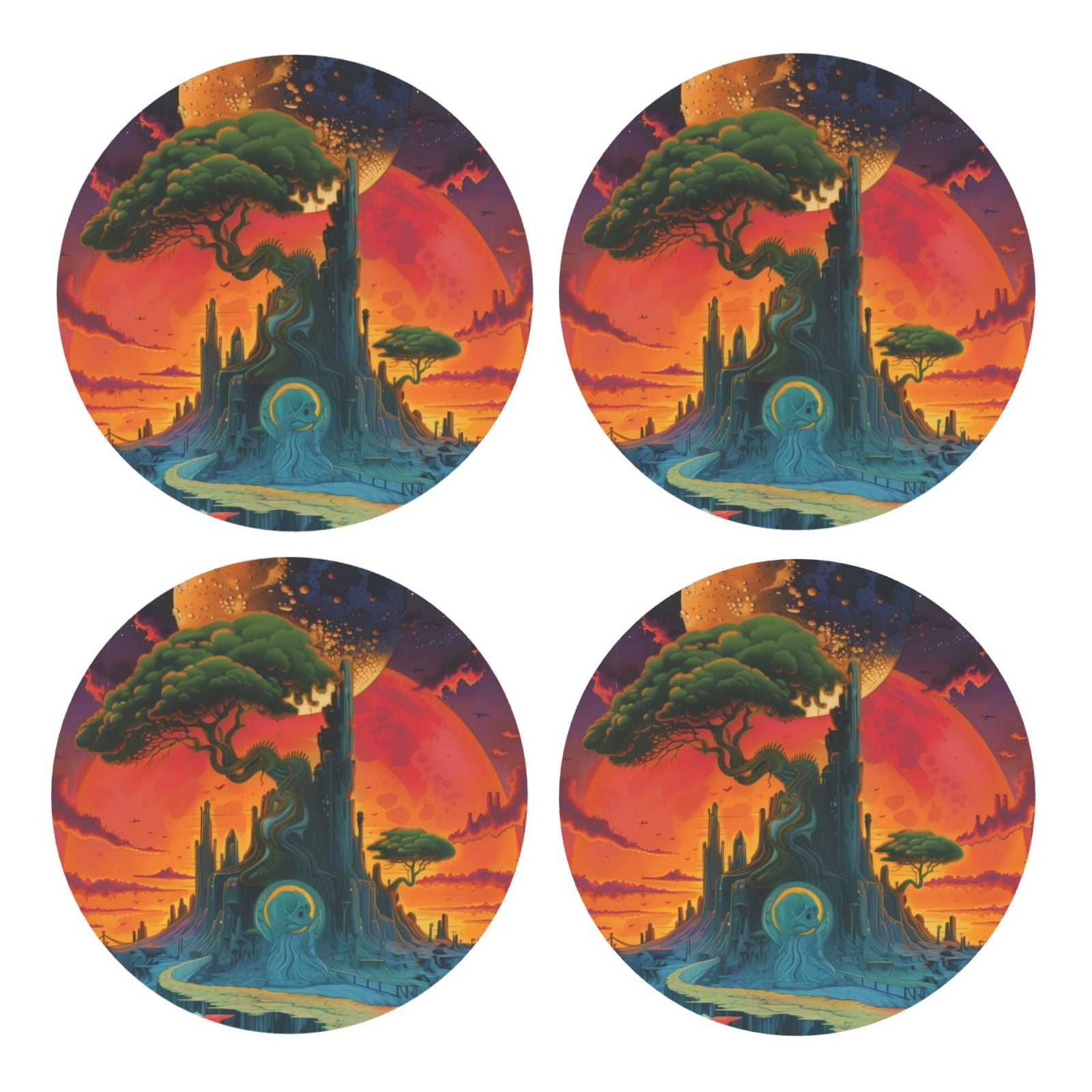 Xecao Abstract Tree Castle for MDF Cork Coaster 4 Pcs,Drink Coasters ...