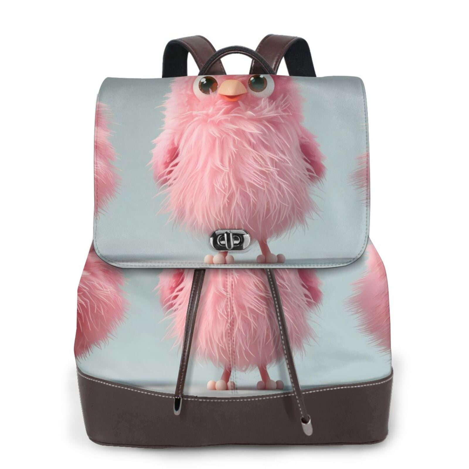 Xecao Adorable Pink Fluffy Birds Print Large Backpack Soft Leather for ...
