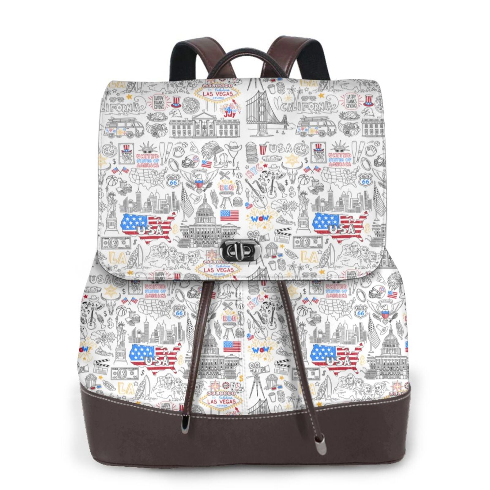 Xecao America Landmarks2 Print Large Backpack Soft Leather for Women ...