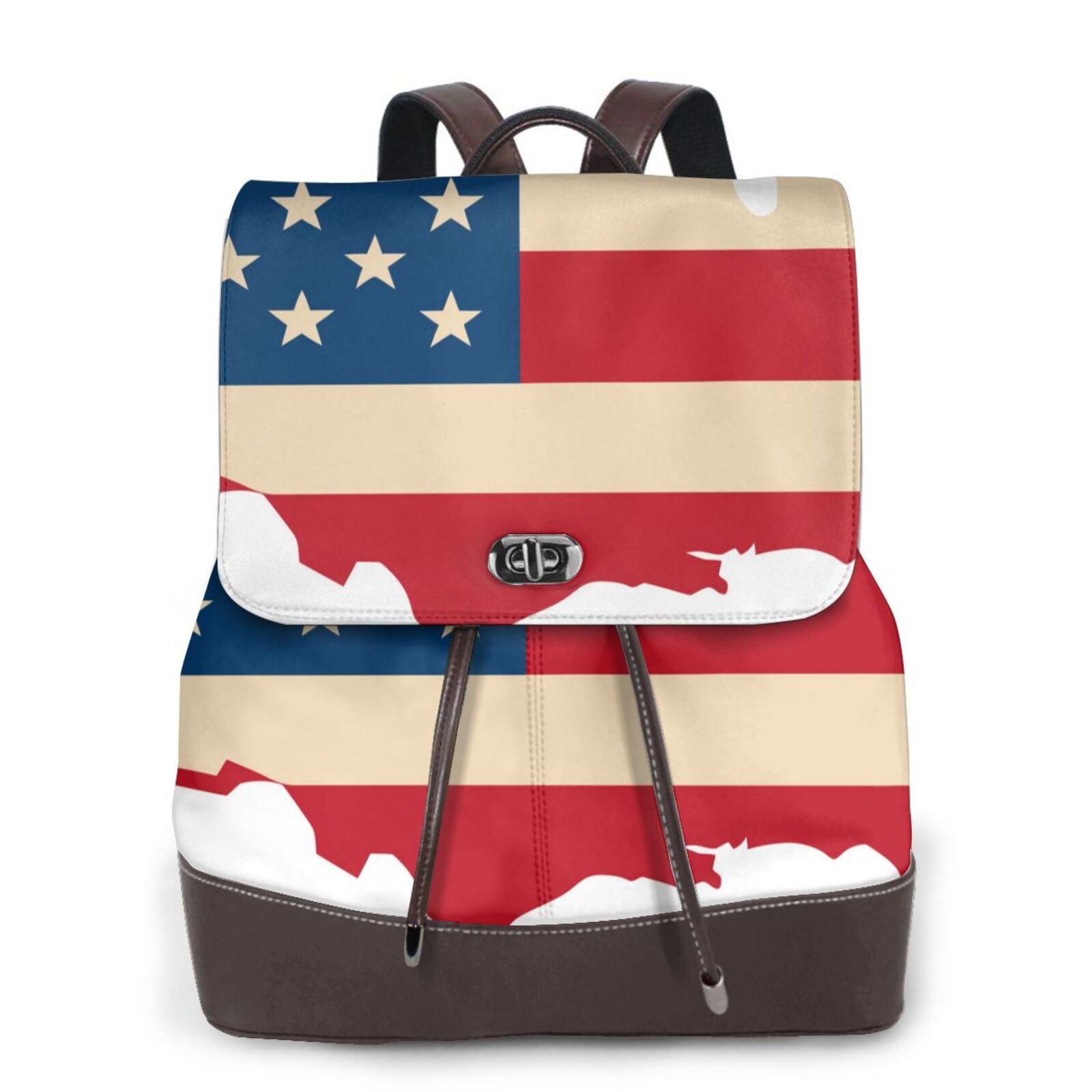 Xecao American Flag Map Print Large Backpack Soft Leather for Women ...