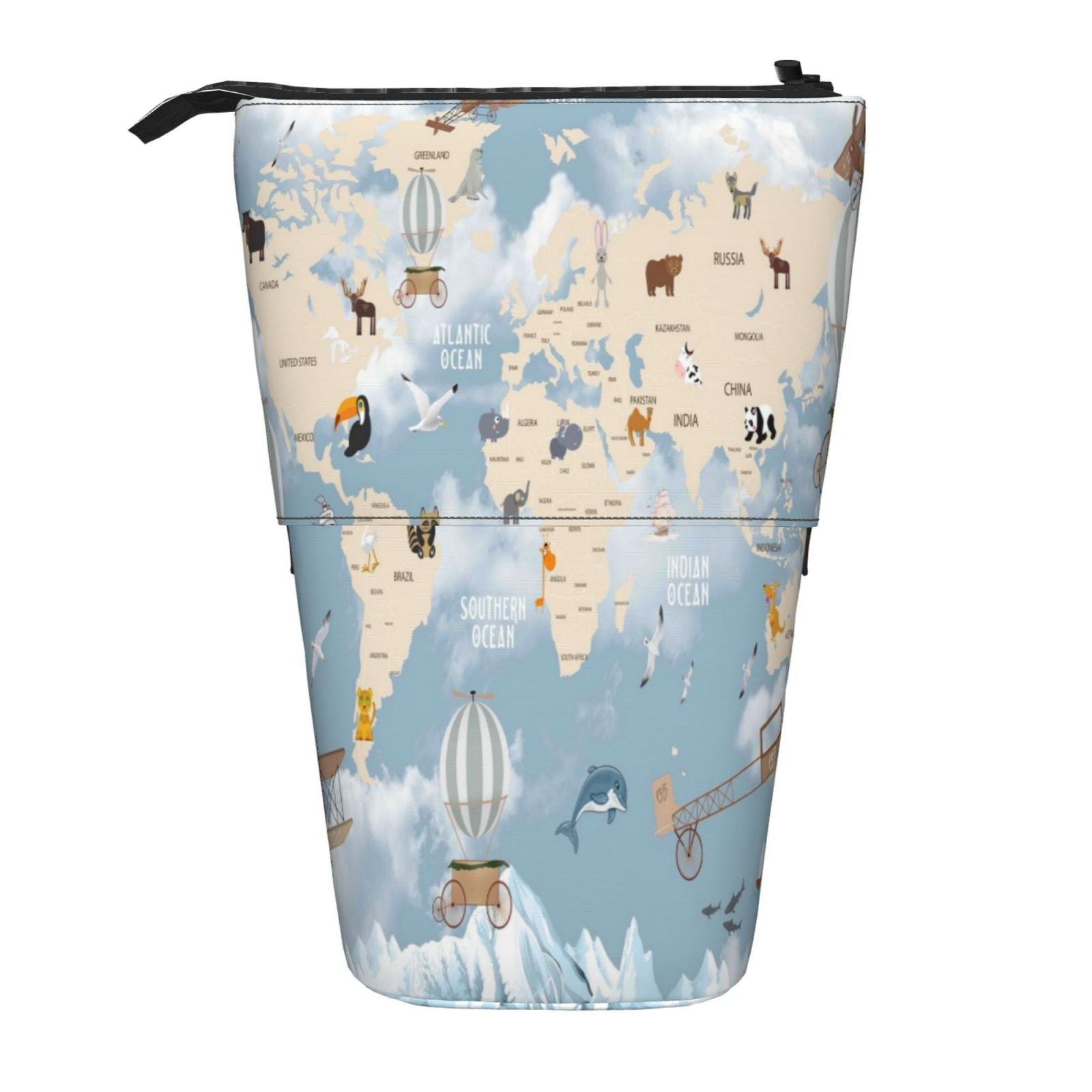 Xecao Animals Travel World Map Print Telescopic Pencil Bag Pen Holder ...