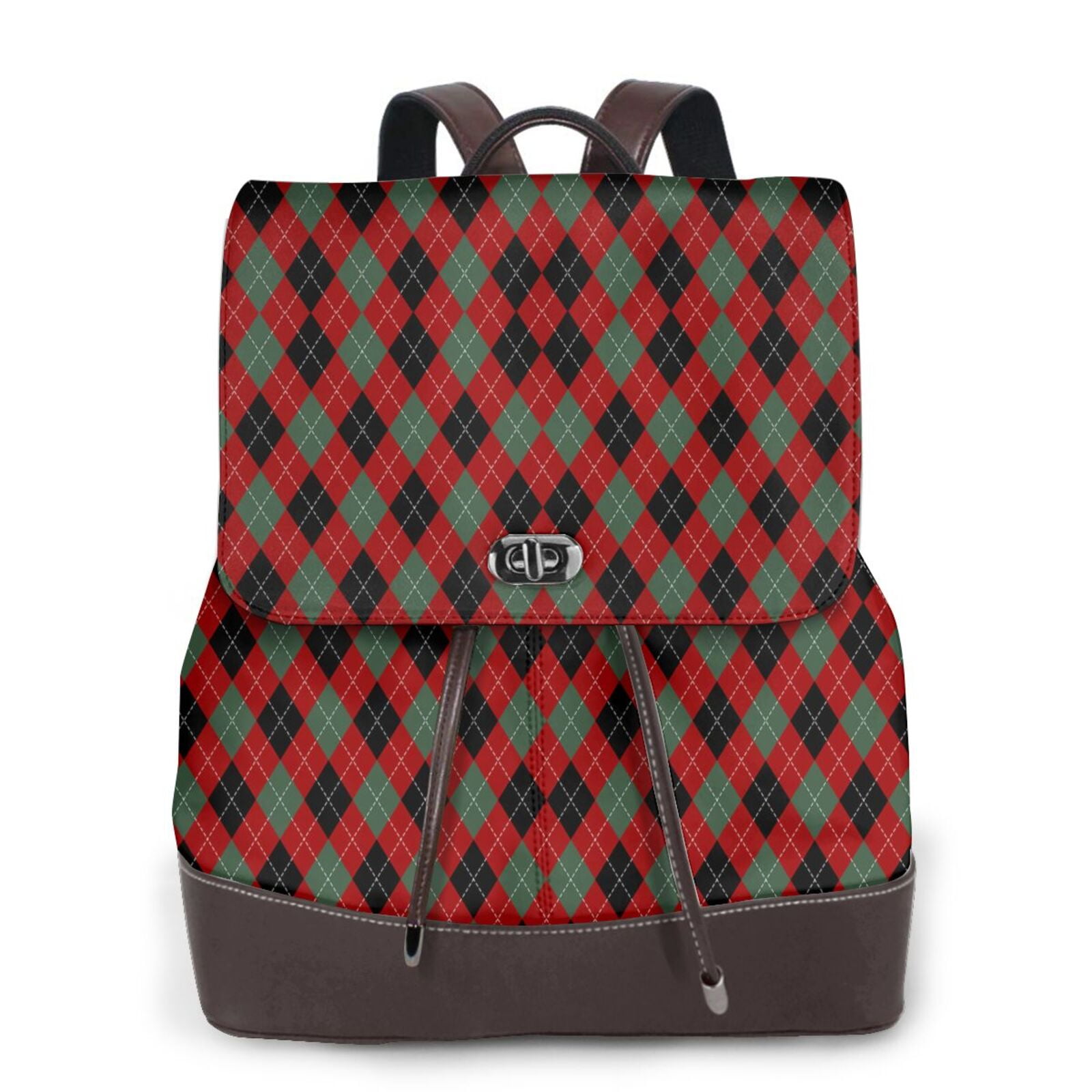 Xecao Argyle Plaid Print Large Backpack Soft Leather for Women Travel ...
