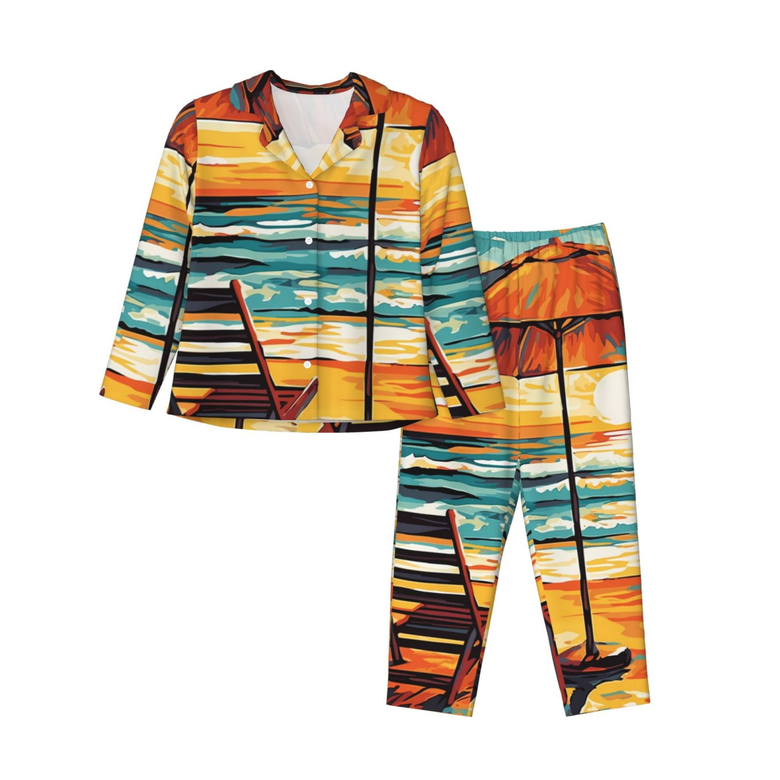 Xecao Beach Umbrella Sunset Print Women Pajamas Set Soft Sleepwear Pjs ...