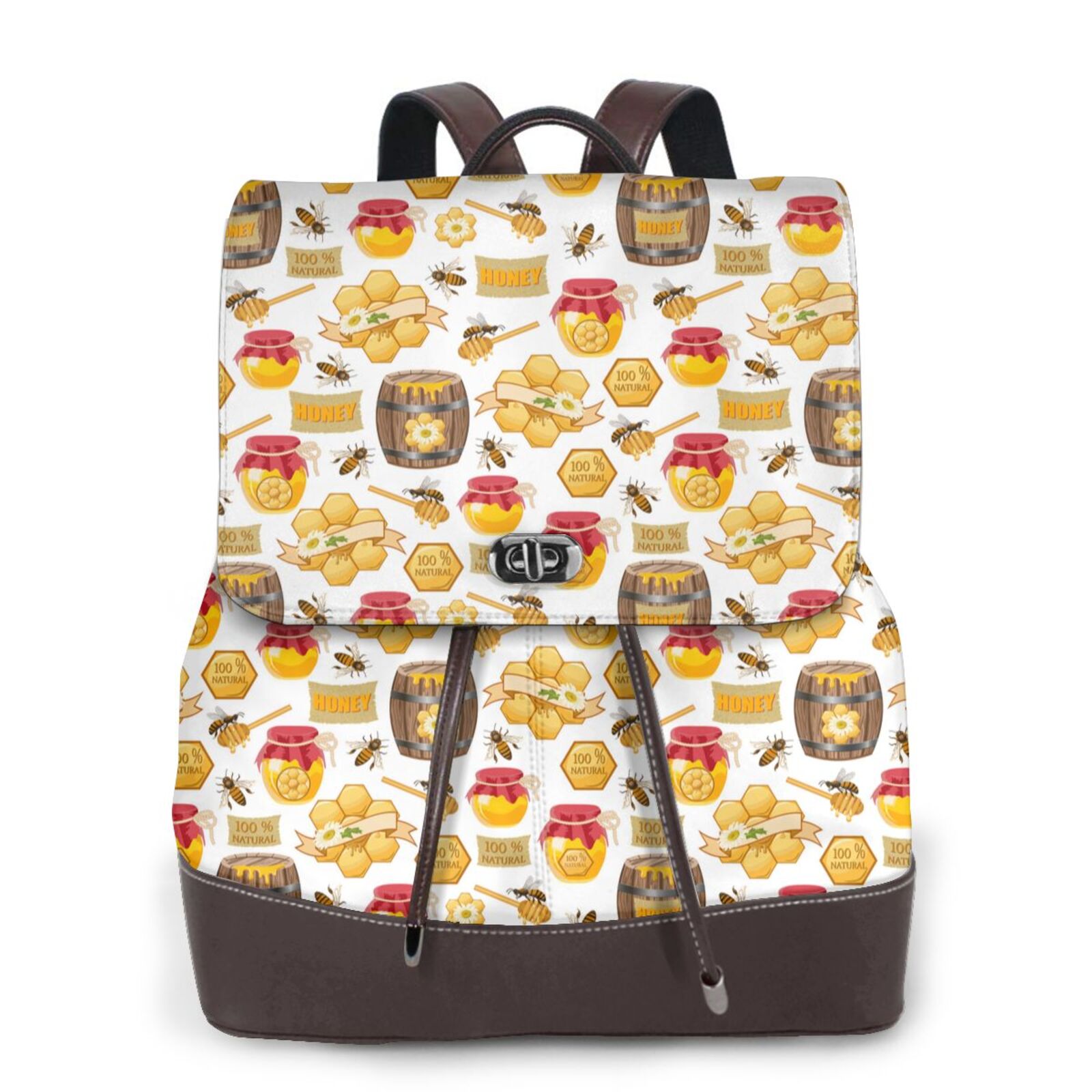 Xecao Bees And Honey Print Large Backpack Soft Leather for Women Travel ...