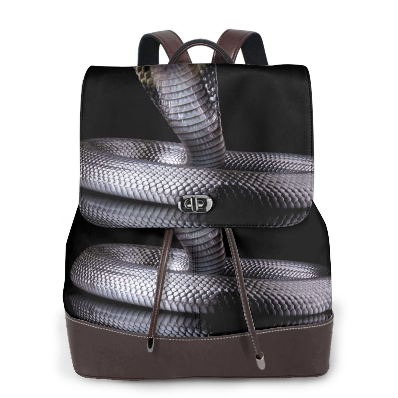 Xecao Black Cobra Snake Print Large Backpack Soft Leather for Women ...