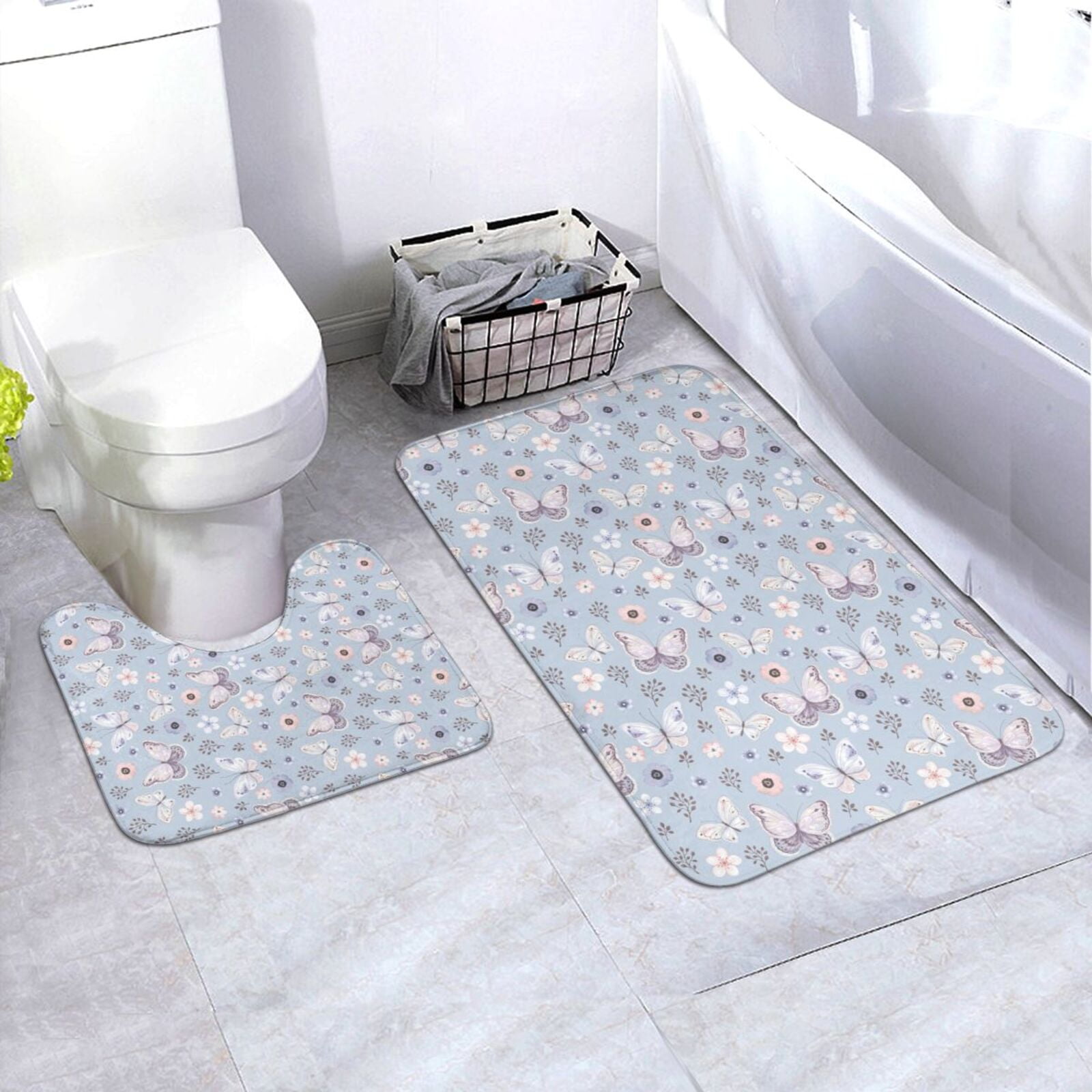 Xecao Blue Butterfly 2-Piece Vintage Seamless Anti-Skid Mat Set ...