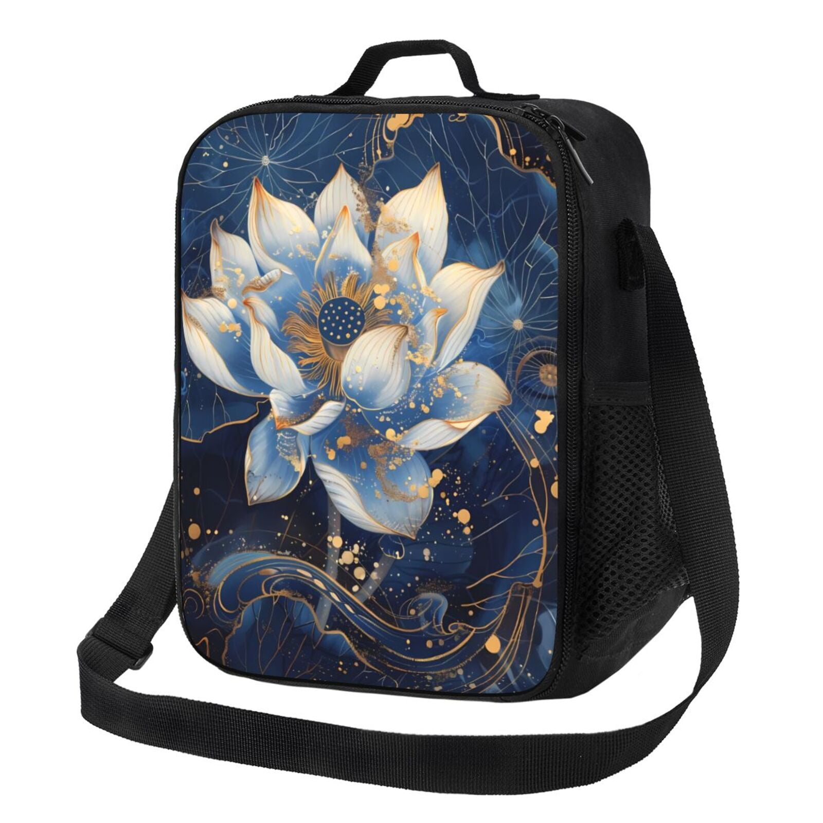 Xecao Blue Golden Dream Lotus Print Lunch Bag - Durable, Double ...