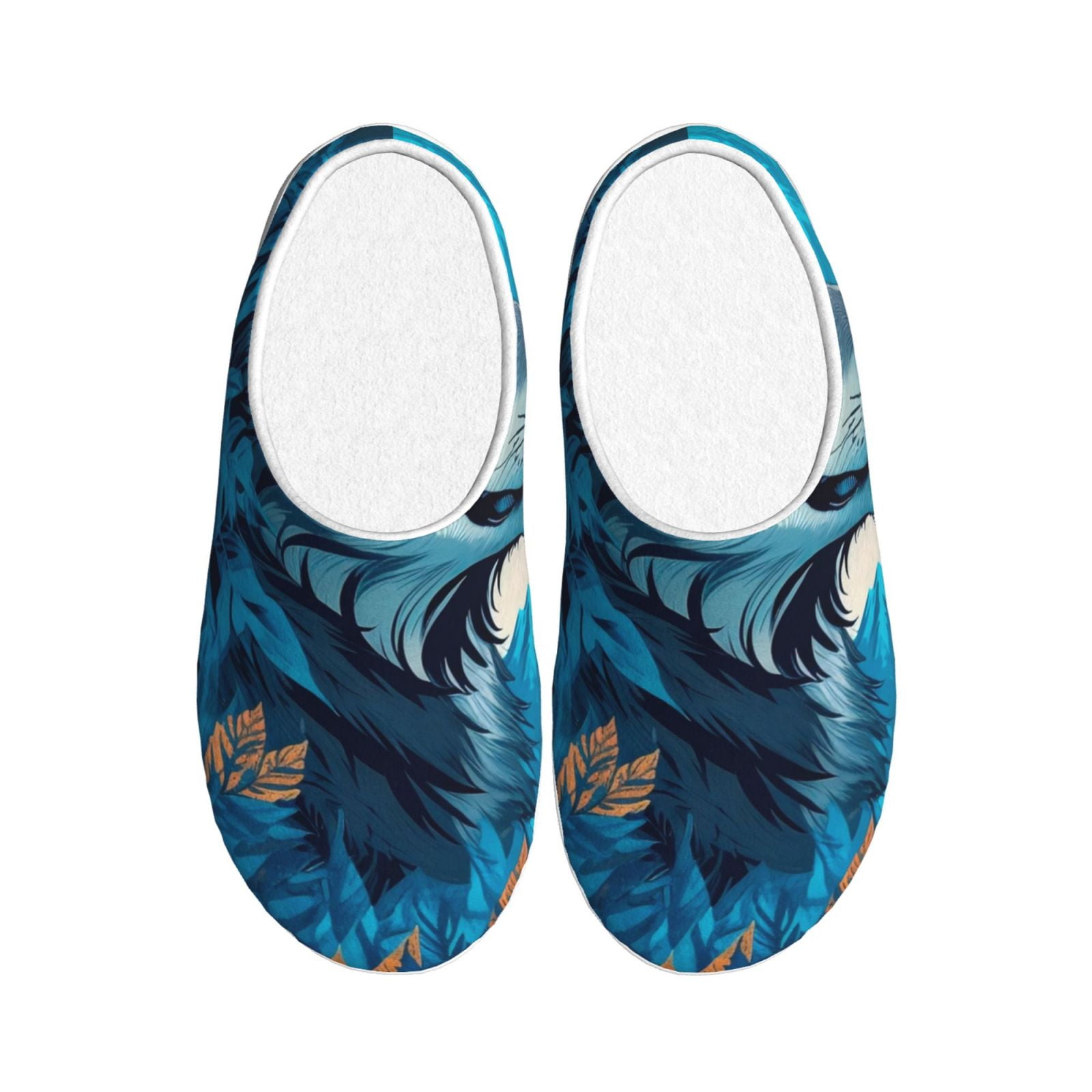 Xecao Blue Iceberg Leaf Wolf Print Cotton Slippers Fuzzy Warm Cozy ...