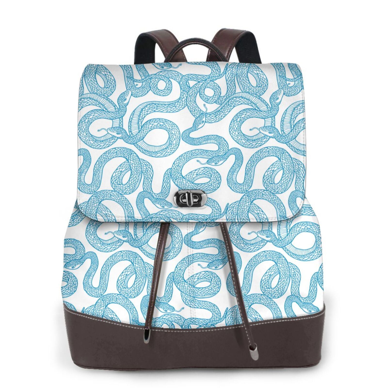 Xecao Blue Snake Print Large Backpack Soft Leather for Women Travel ...