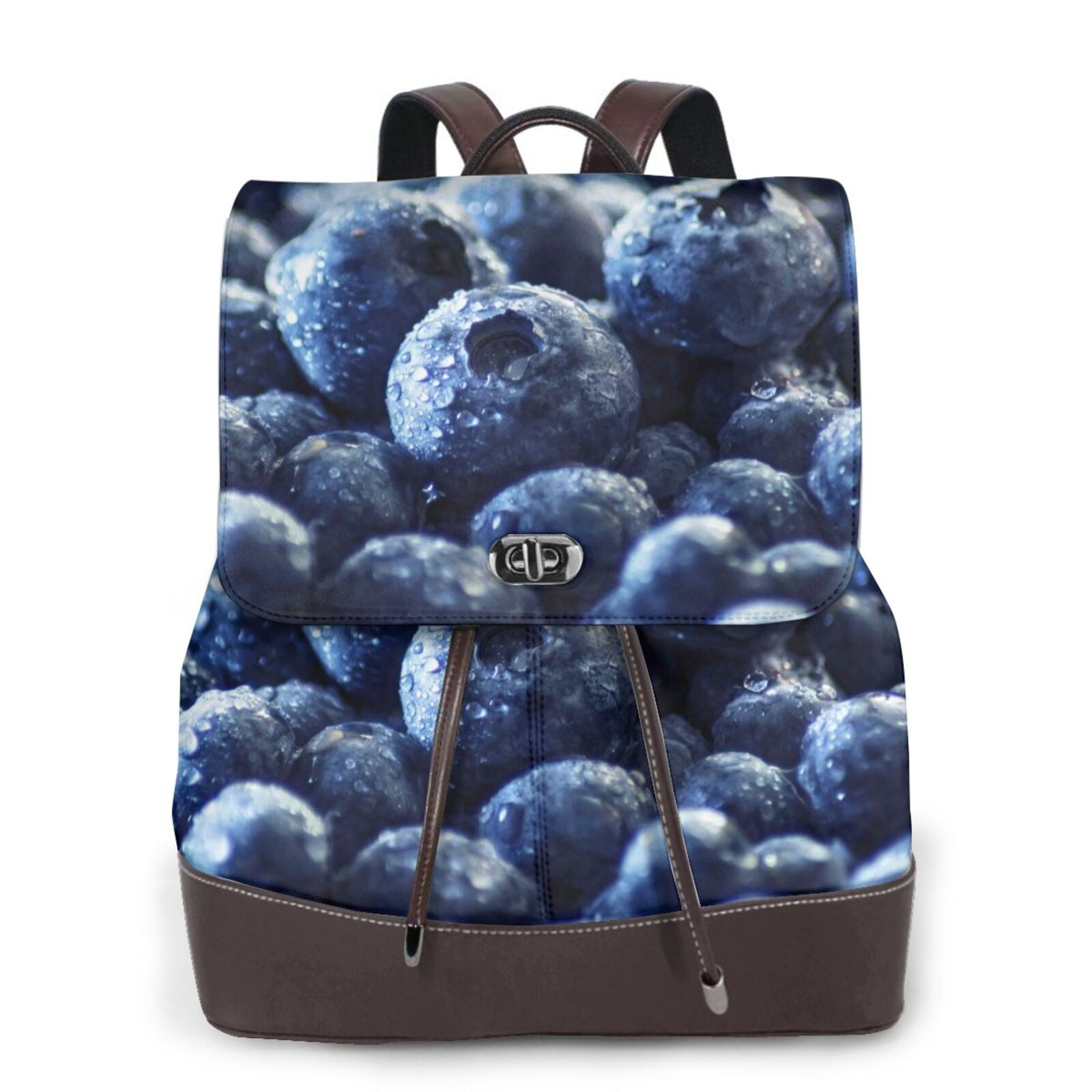 Xecao Blueberry Print Large Backpack Soft Leather for Women Travel with ...